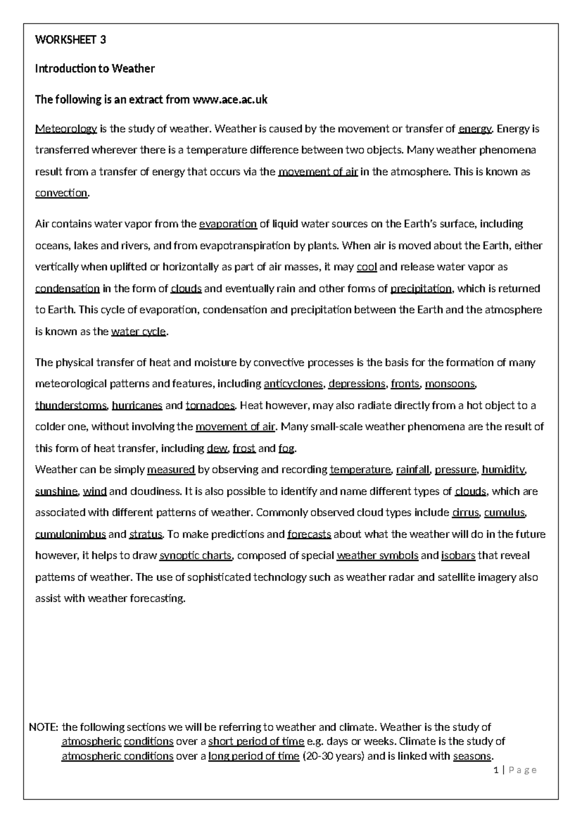 Climatology Worksheet 3 - WORKSHEET 3 Introduction to Weather The ...