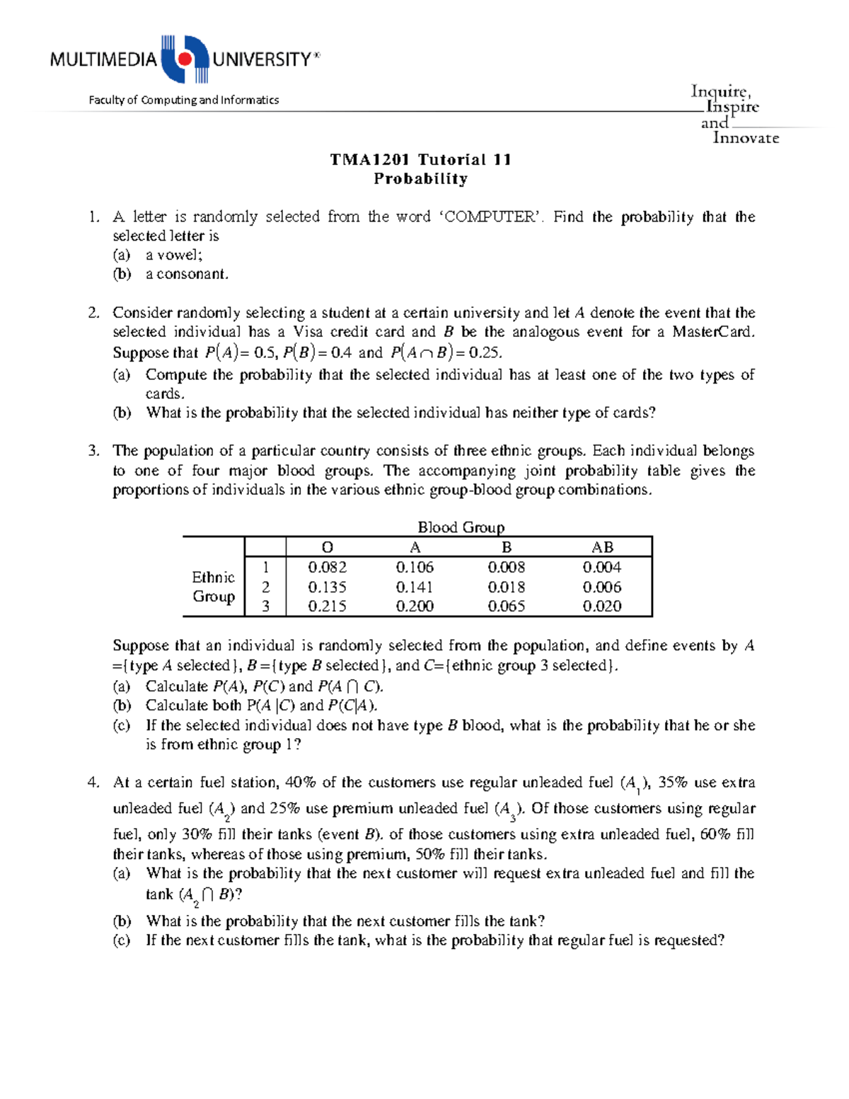 Tutorial 11 Probability - Faculty of Computing and Informatics TMA1201 Tutorial 11 Probability 1 ...