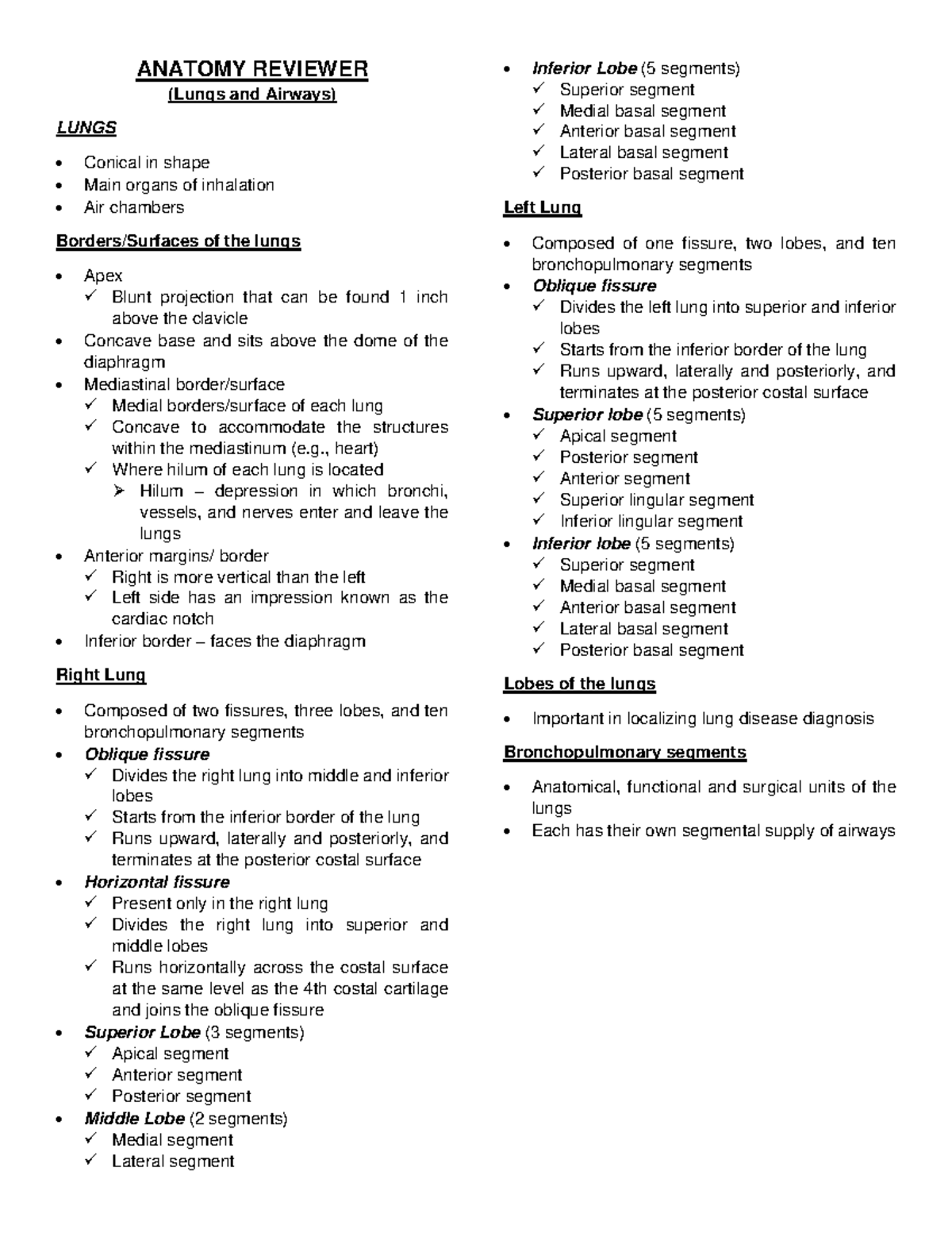 Anatomy Reviewer (Lungs) - ANATOMY REVIEWER (Lungs and Airways) LUNGS ...