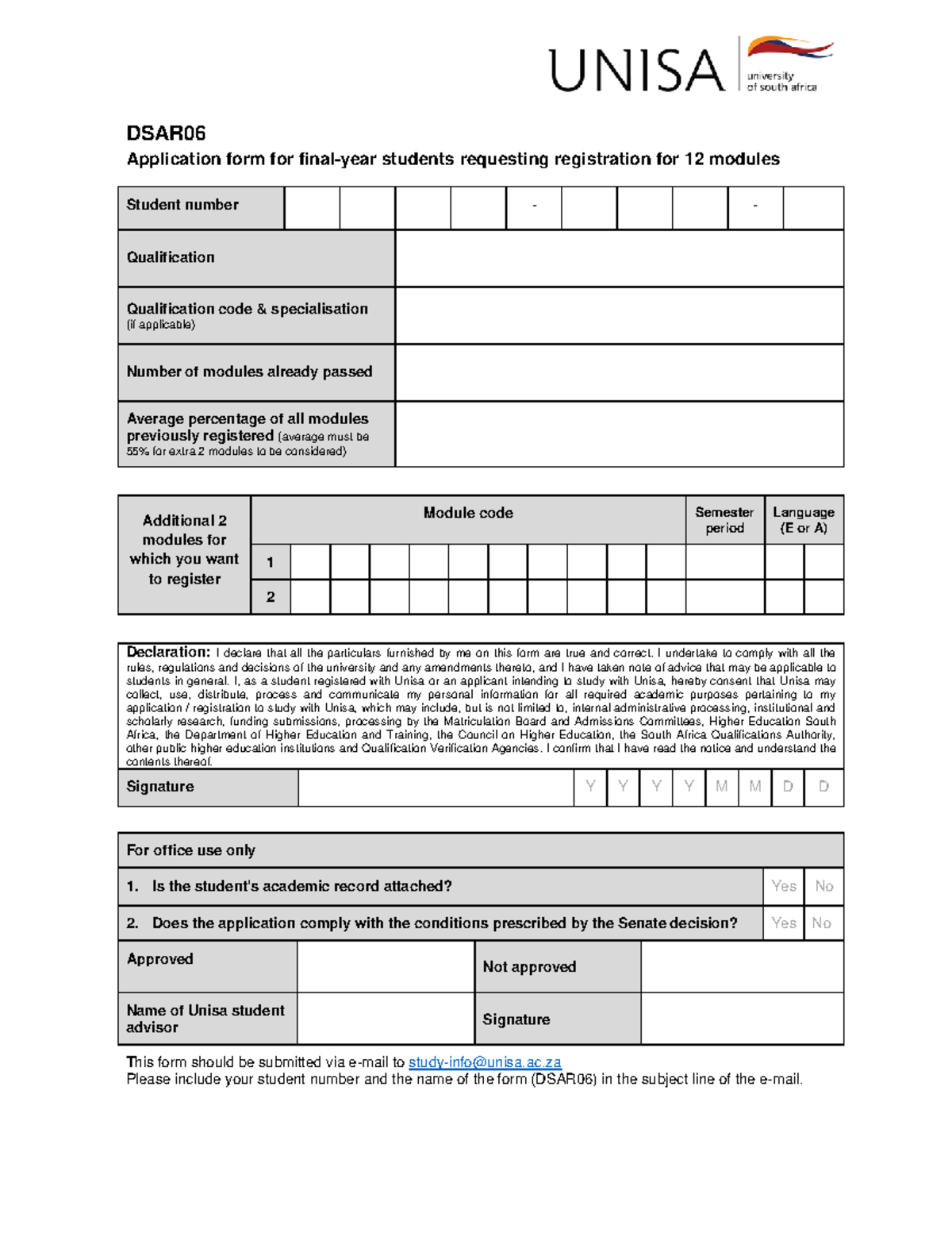 Unisa-DSAR06-form - Summary - DSAR Application form for final-year ...