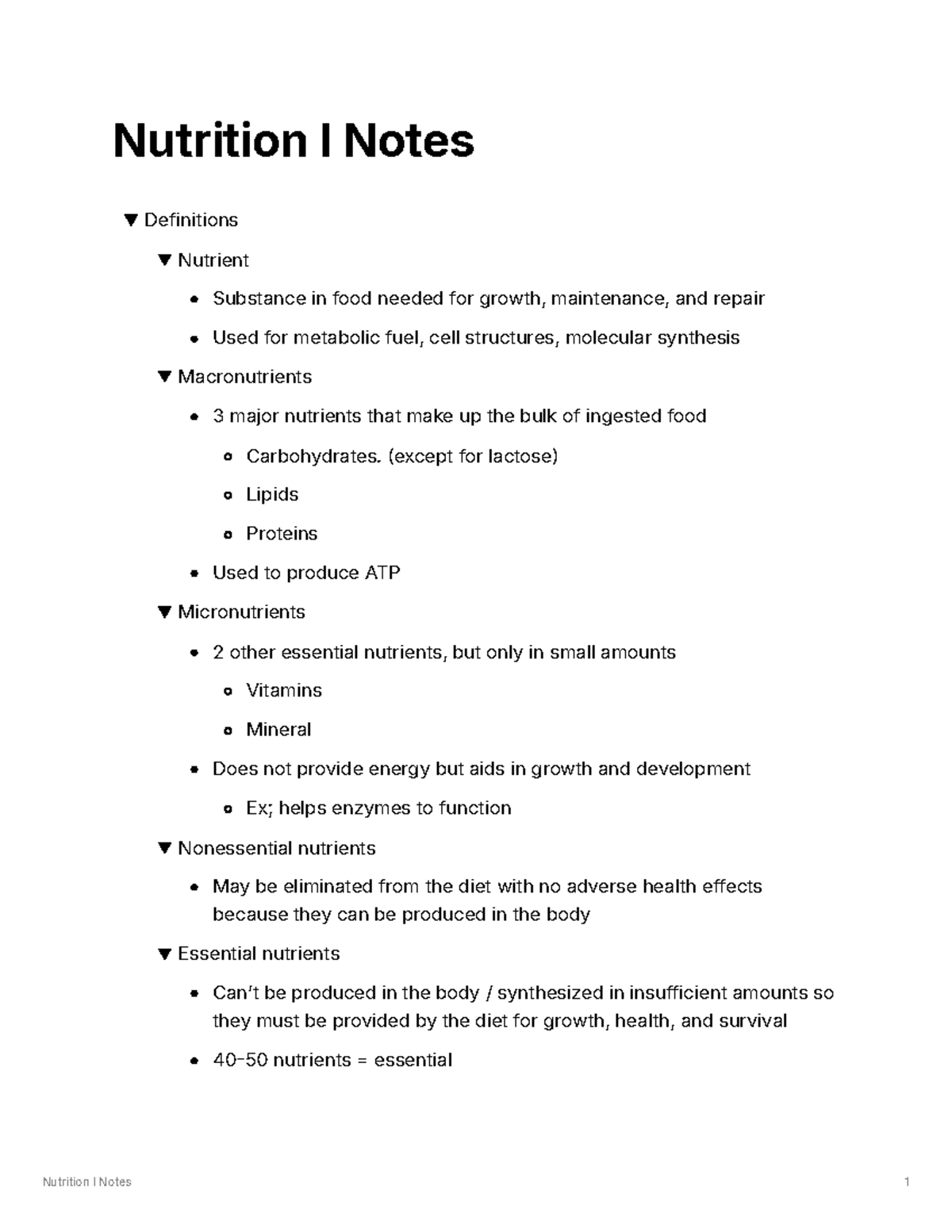 Nutrition I Notes - Nutrition I Notes Definitions Nutrient Substance in ...
