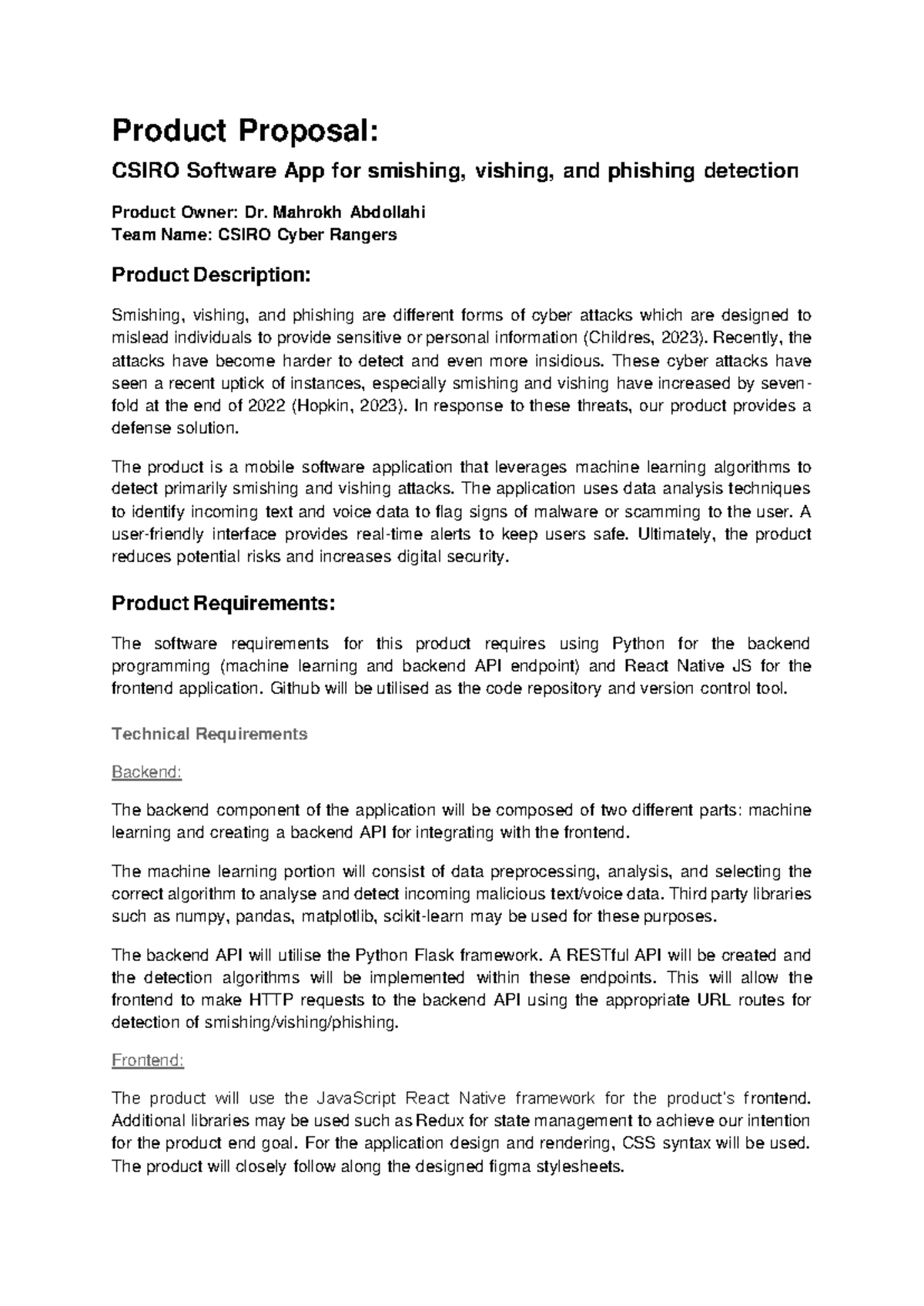 SIRO Product Proposal/ a2 - Product Proposal: CSIRO Software App for smishing, vishing, and ...