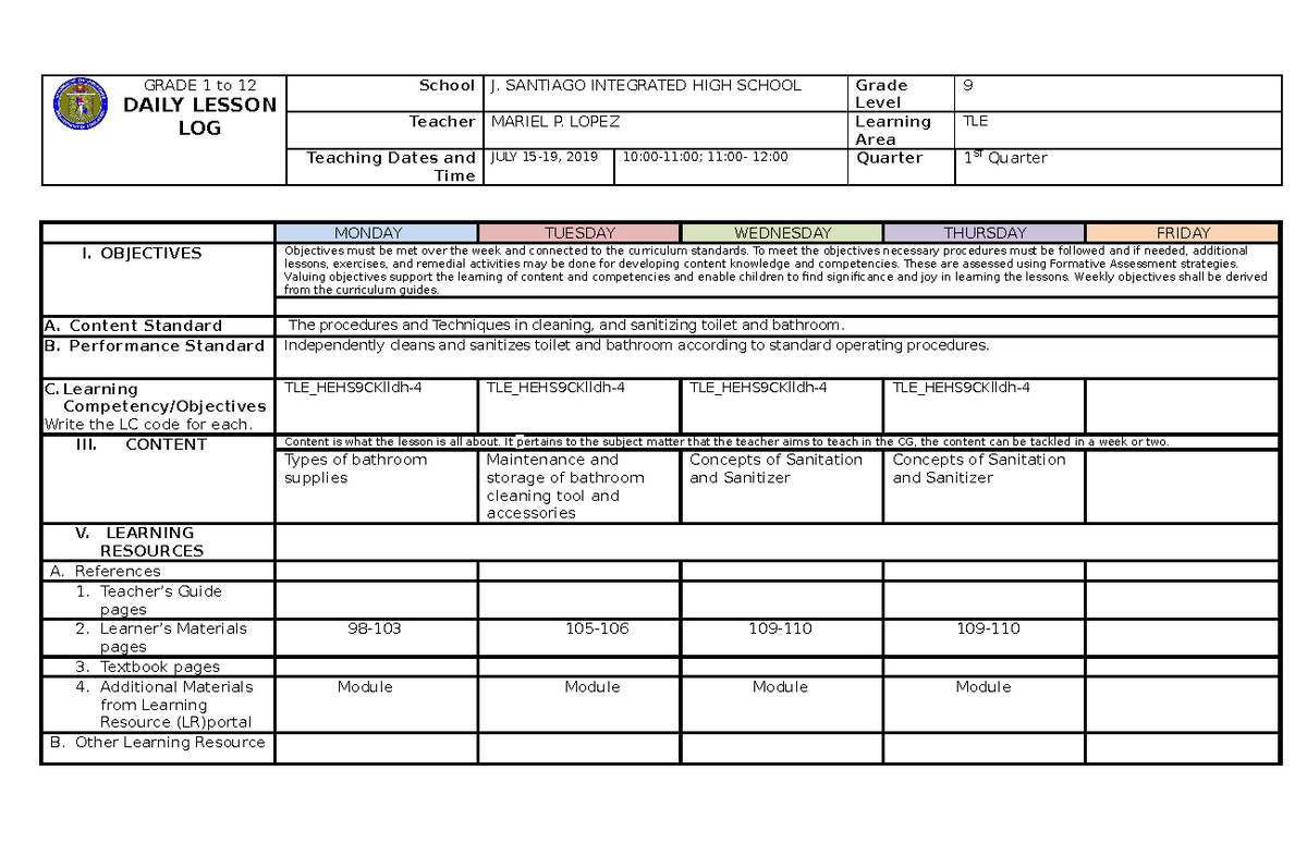 1. TLE 9 JULY 15-19 - ACCOMPLISHMENT REPORT - GRADE 1 to 12 School ...