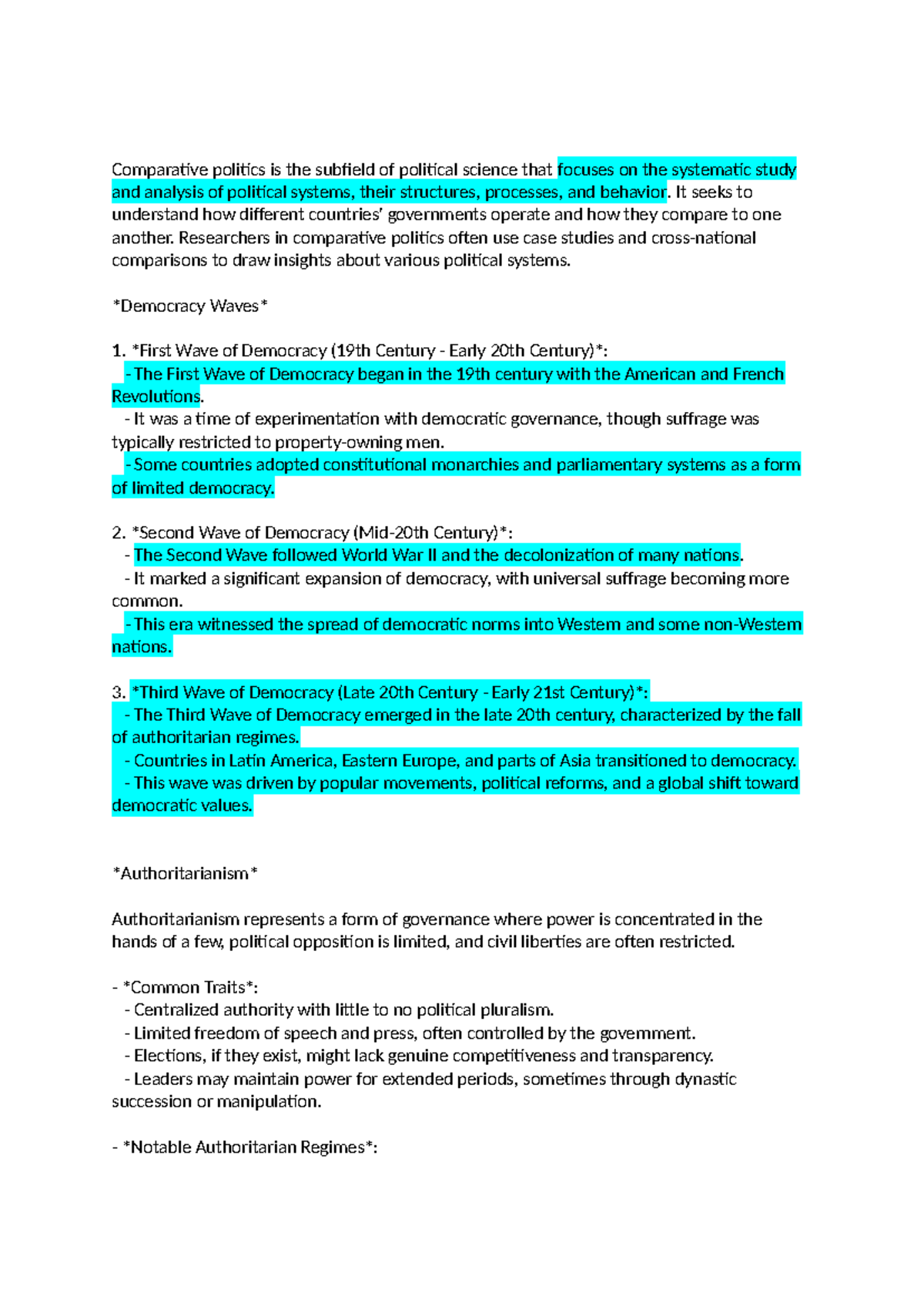 Politics notes. - Comparative politics is the subfield of political ...