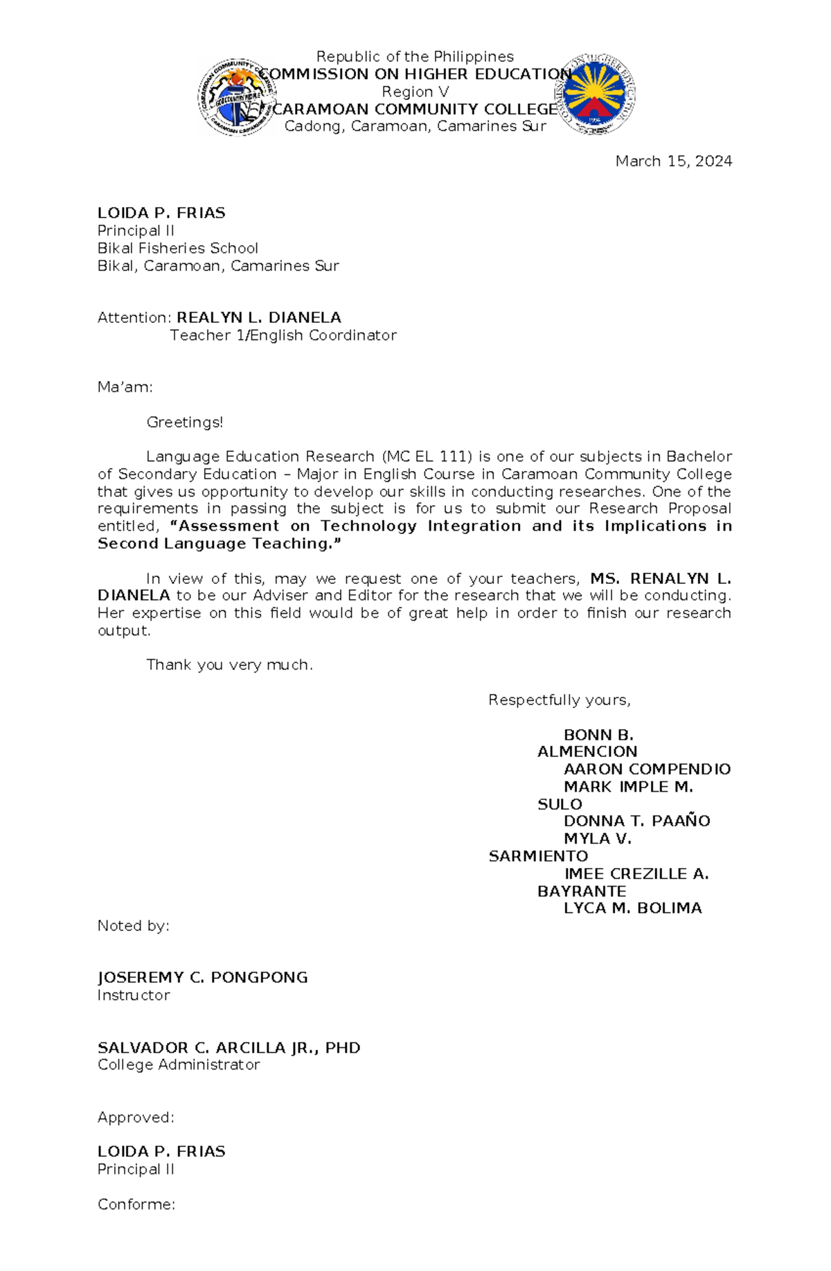 Letter of Request - Republic of the Philippines COMMISSION ON HIGHER ...