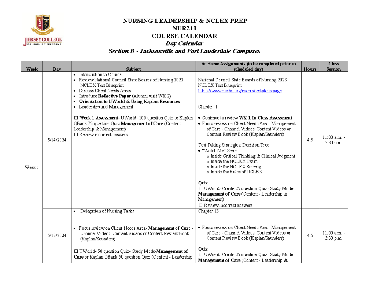 NUR211 - Nursing Leadership - Calendar - Spring 2024 - Day Section B ...