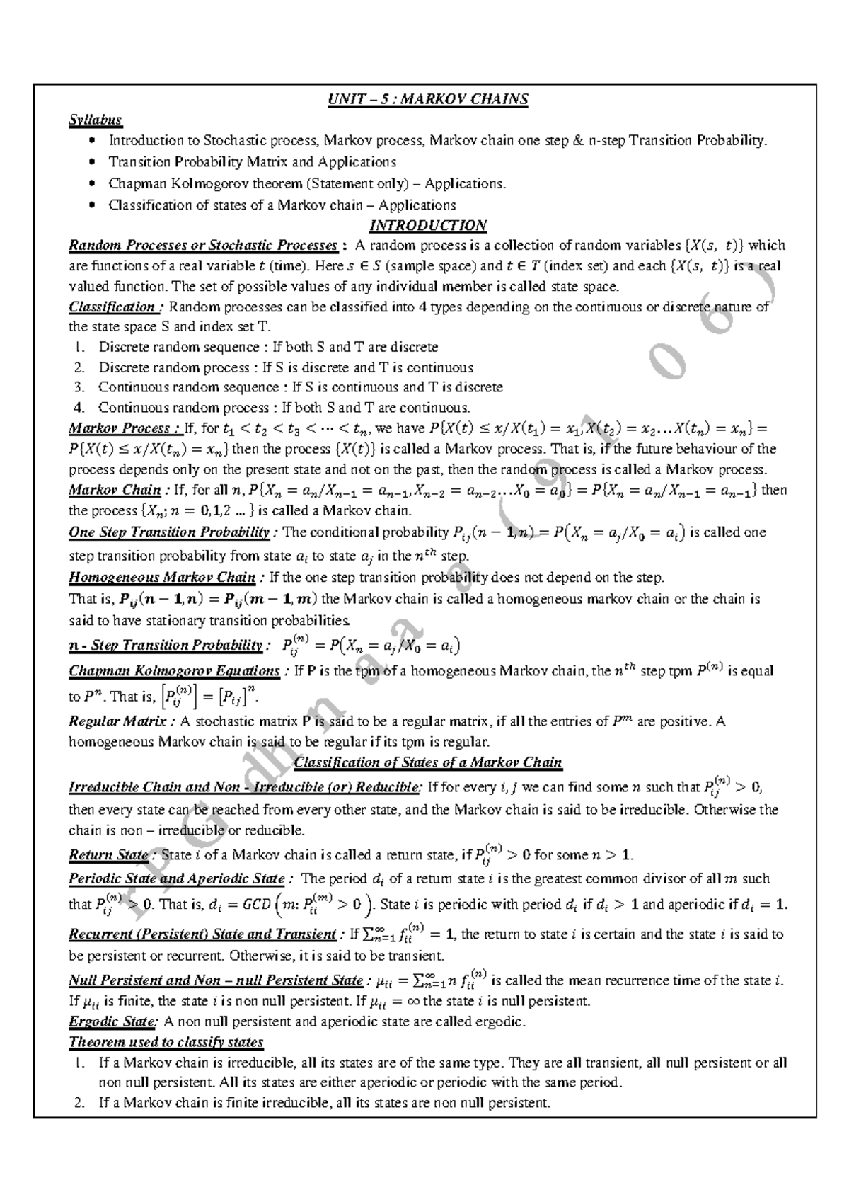 PQTU5 - PQT Unit 5 - 21 UNIT – 5 : MARKOV CHAINS Syllabus • Introduction to Stochastic process ...