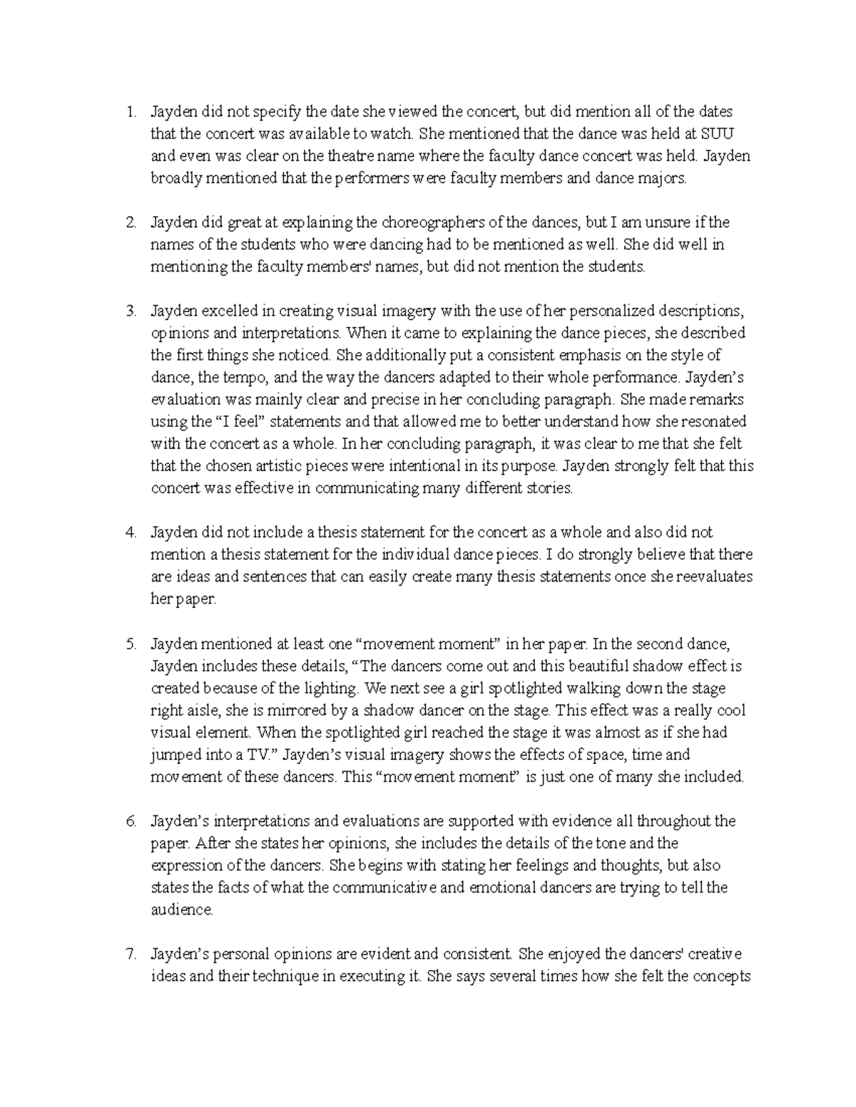 Peer Review Dance Written Critique SUU - Jayden did not specify the ...