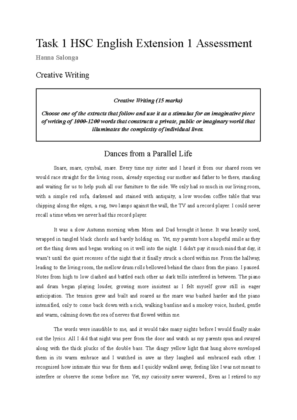 Task 1 HSC English Extension 1 Assessment Creative Writing and ...