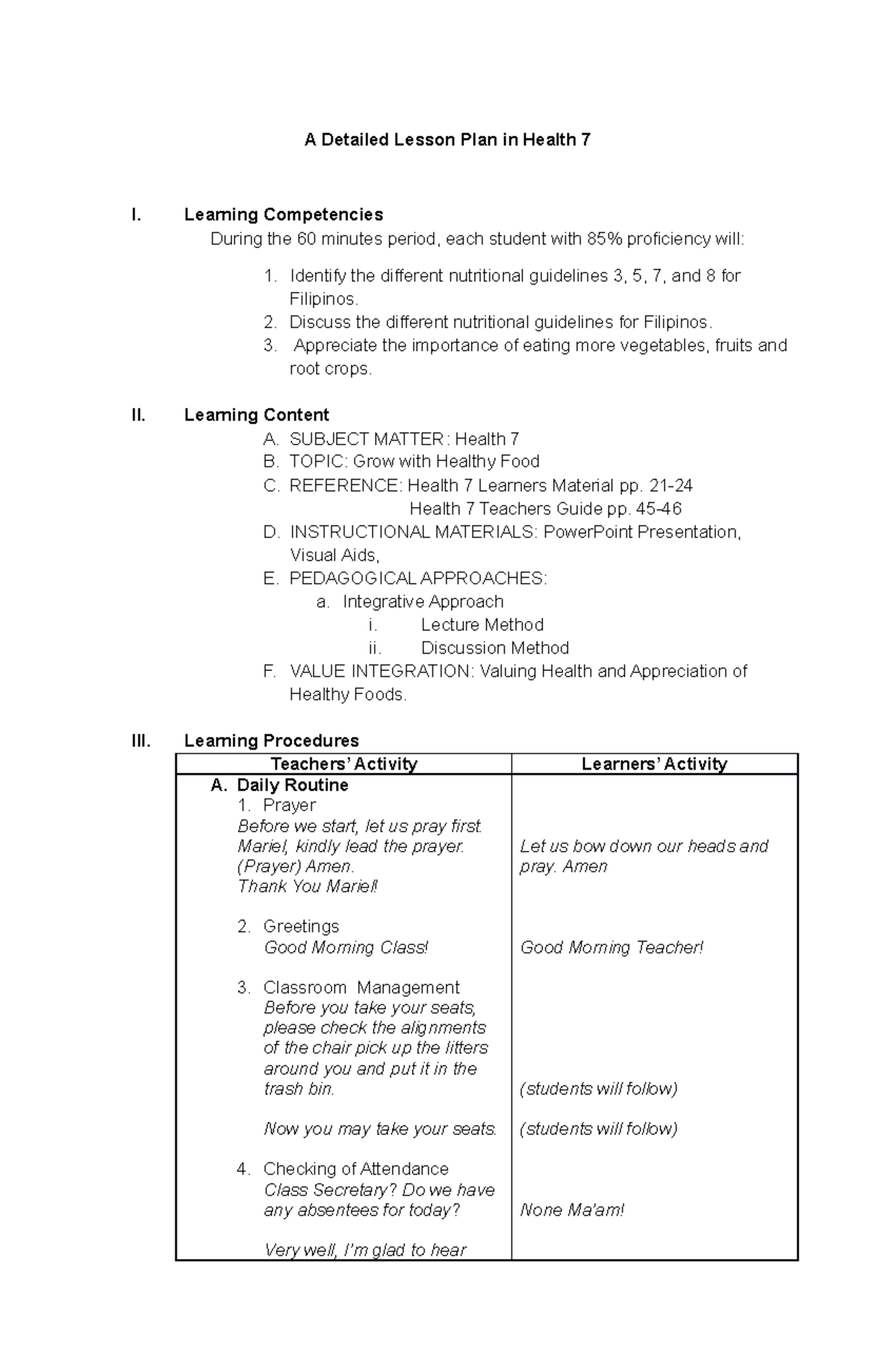Detailed Lesson Plan in Health - Learning Competencies During the 60 ...