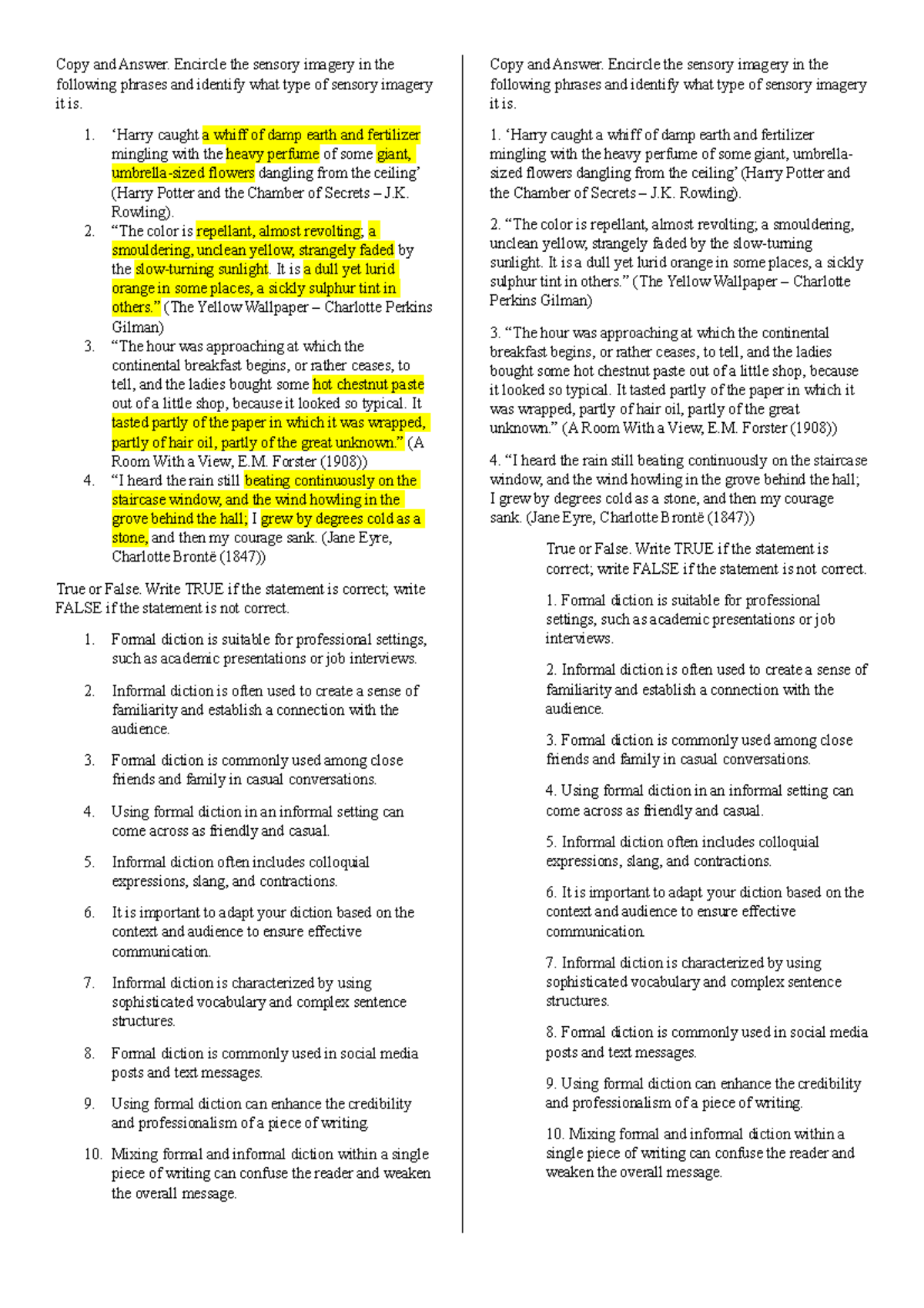 Lesson 1 Quiz Creative Writing - Copy and Answer. Encircle the sensory ...
