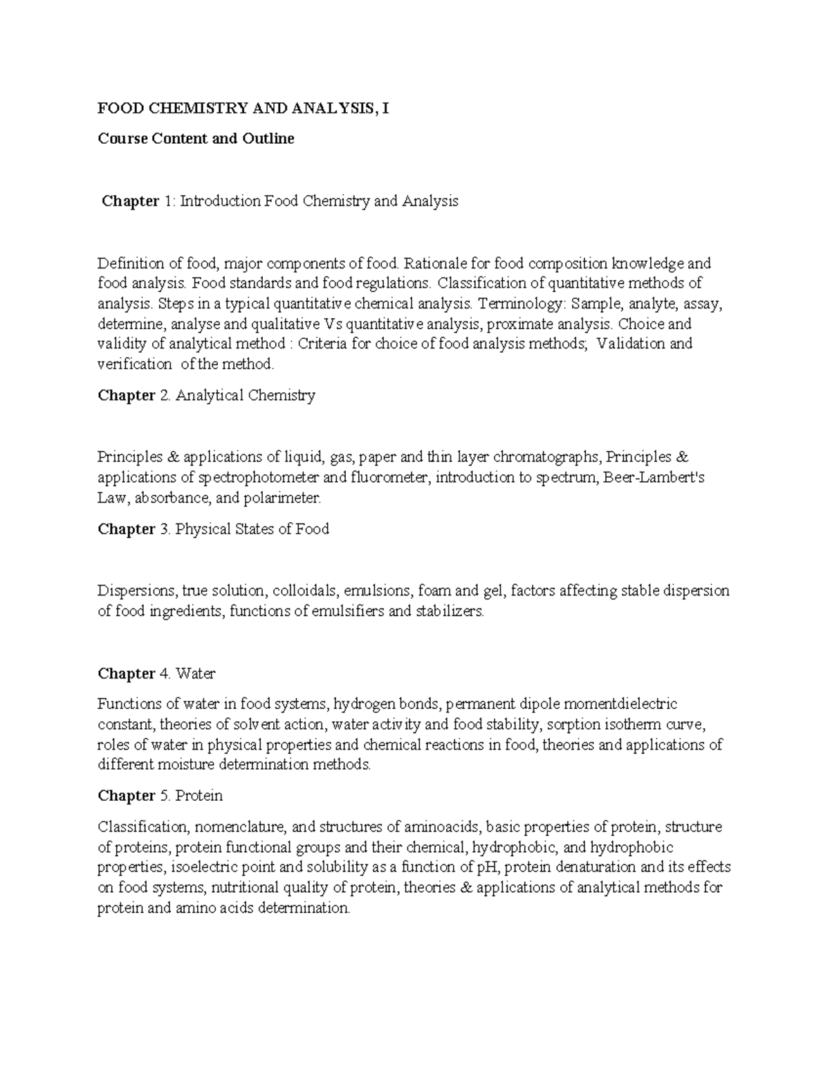 Course Outline FOOD Chemistry AND Analysis 1 - FOOD CHEMISTRY AND ...