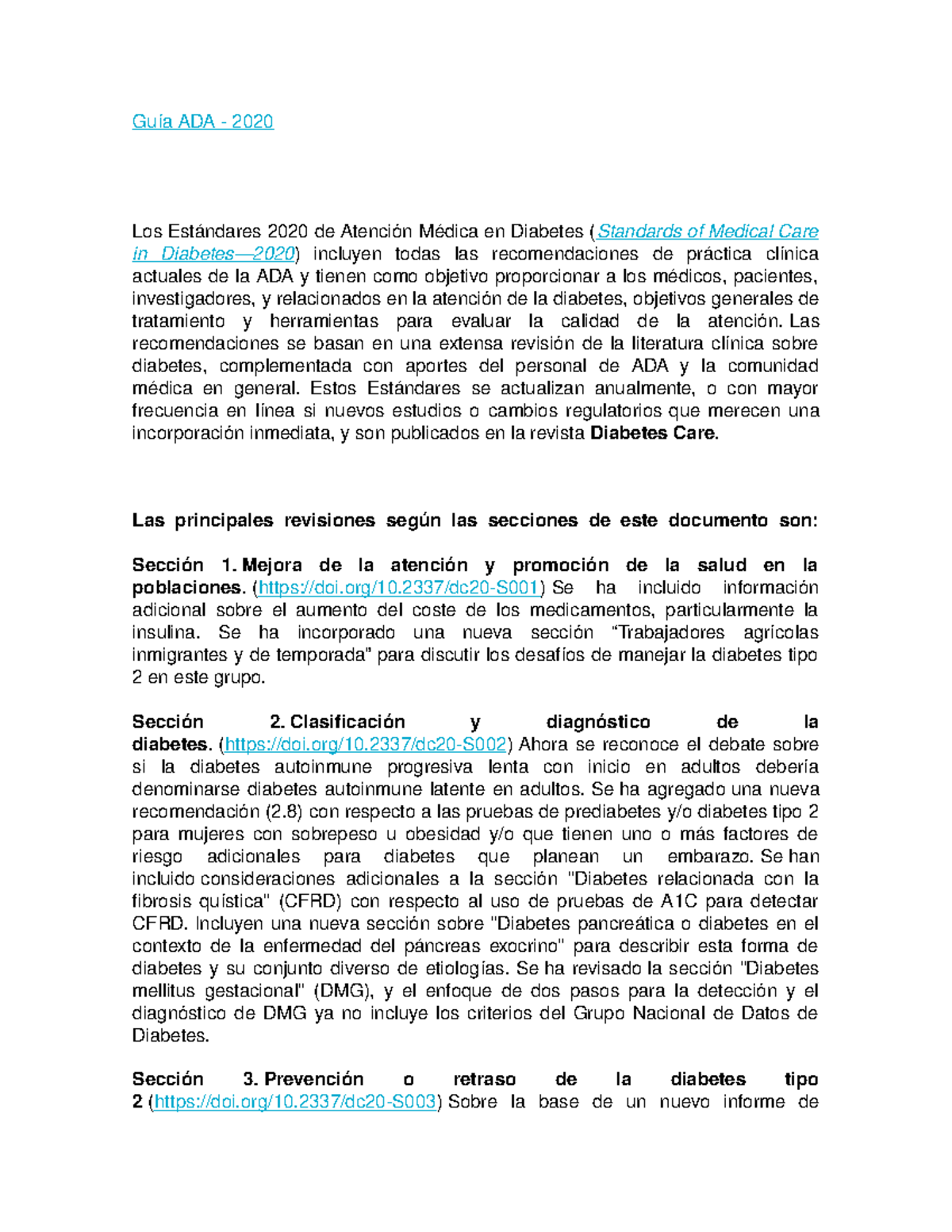 Guía ADA - Guia ADA, diabetes mellitus - Guía ADA - 2020 Los Estándares ...