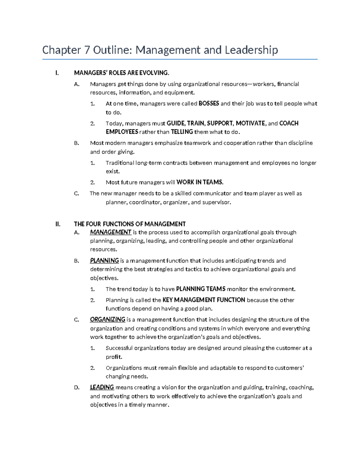 Chapter 7 Management and Leadership - Chapter 7 Outline: Management and ...