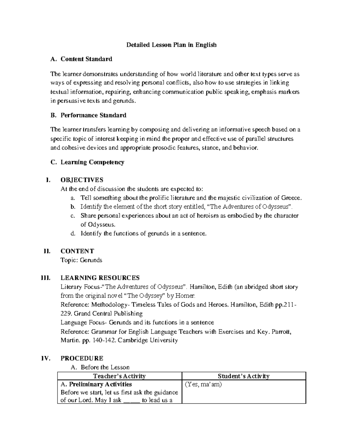 Detailed Lesson Plan in English - Content Standard The learner ...