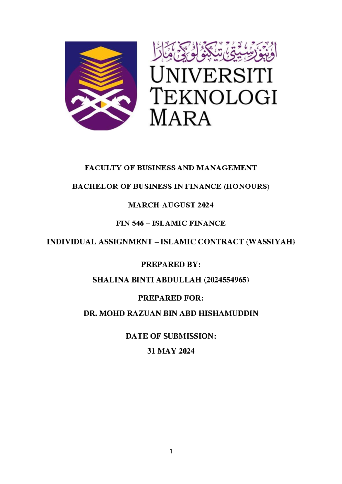 Shalina Binti Abdullah FIN546 Individual Assignment - FACULTY OF ...
