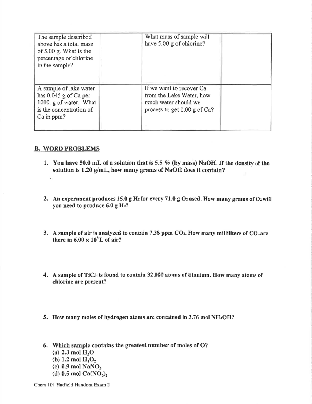 3970 001 - chem 101 exam 2 practice problems. no solutions - The sample ...