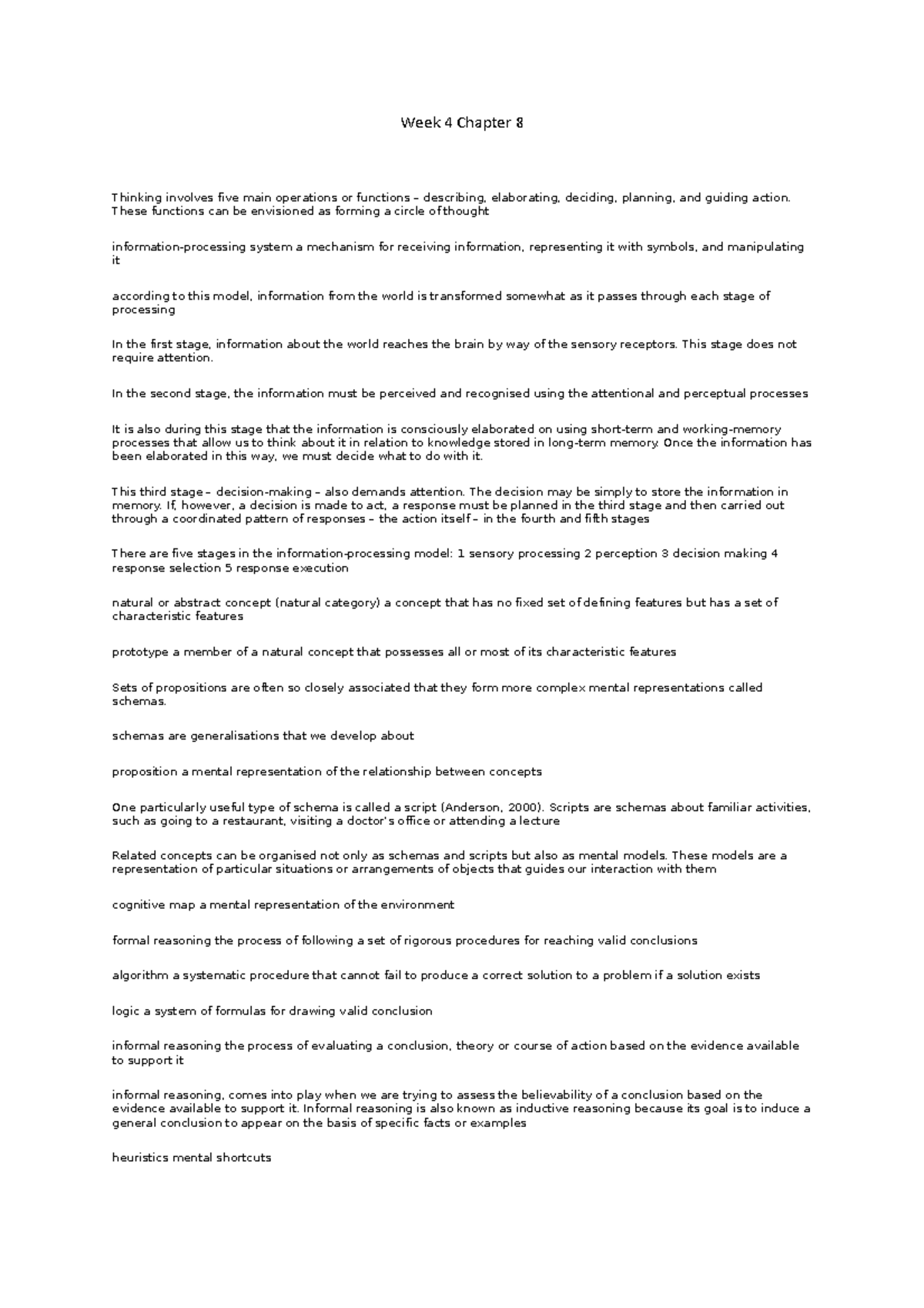 Week 4 Chapter 8 - Bernstein textbook - Week 4 Chapter 8 Thinking involves five main operations ...