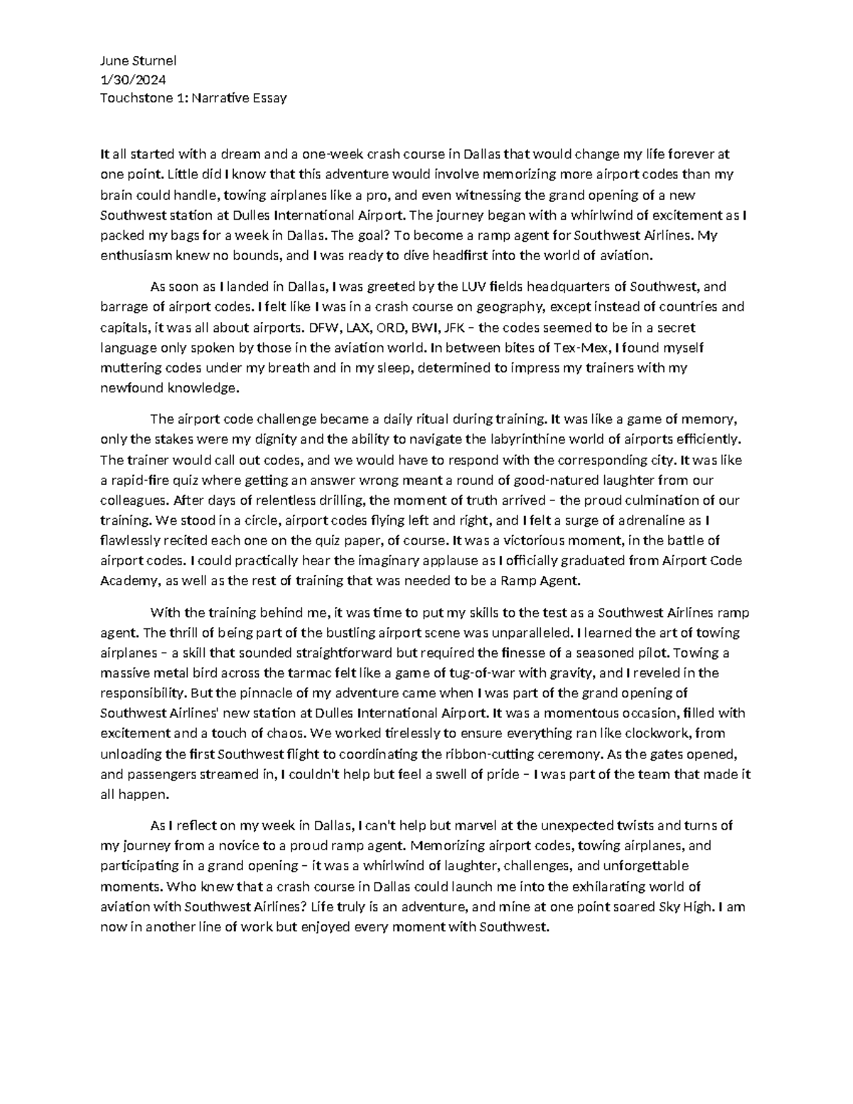 Touchstone 1 Narrative Essay - June Sturnel 1/30/ Touchstone 1 ...