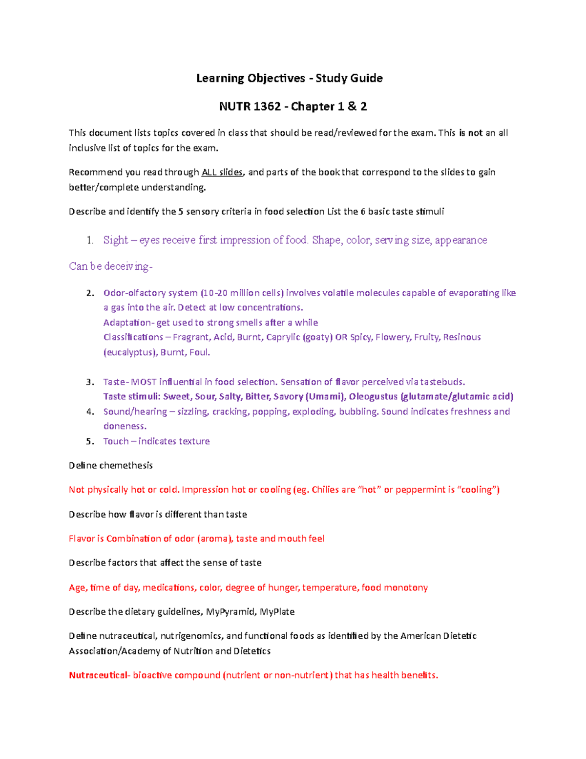 Learning Objectives and Study Guide Chapter 1 2 - Learning Objectives - Study Guide NUTR 1362 ...