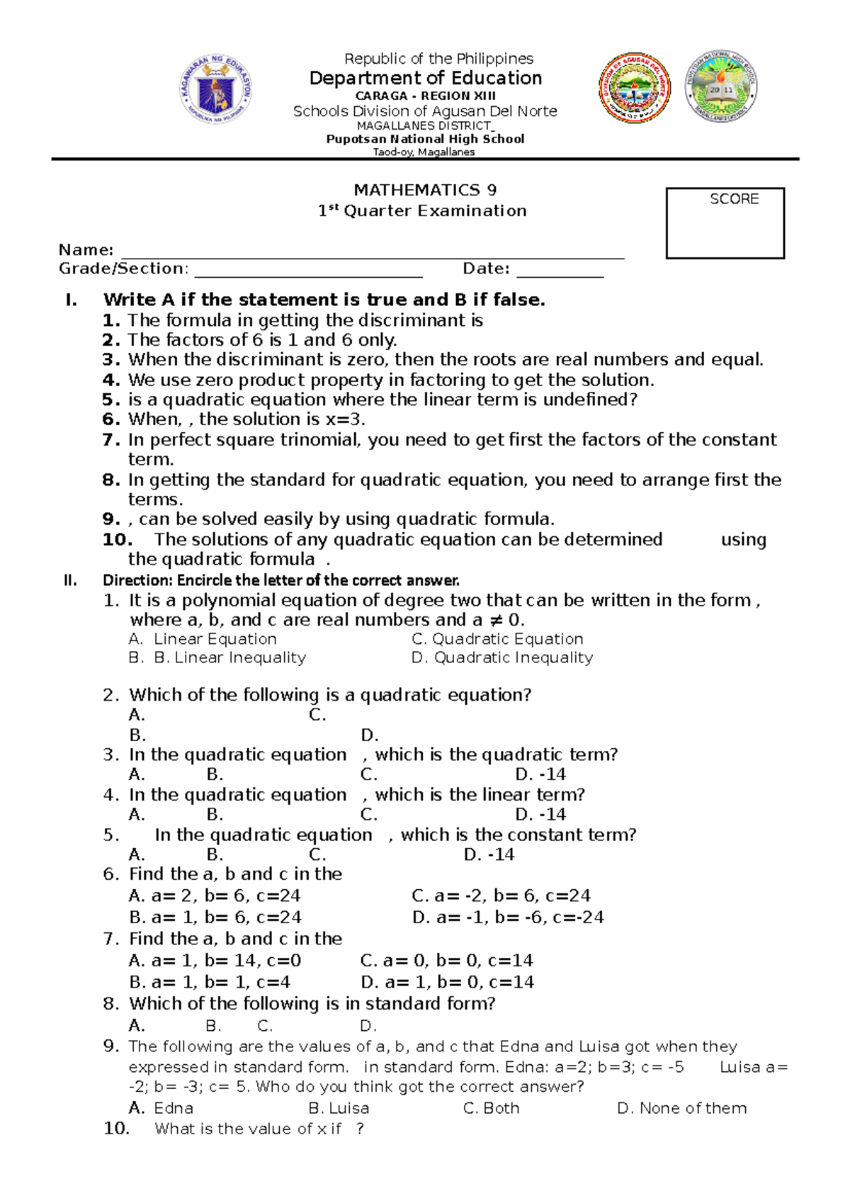 1st Periodic Test - Math 9 - Republic of the Philippines Department of ...