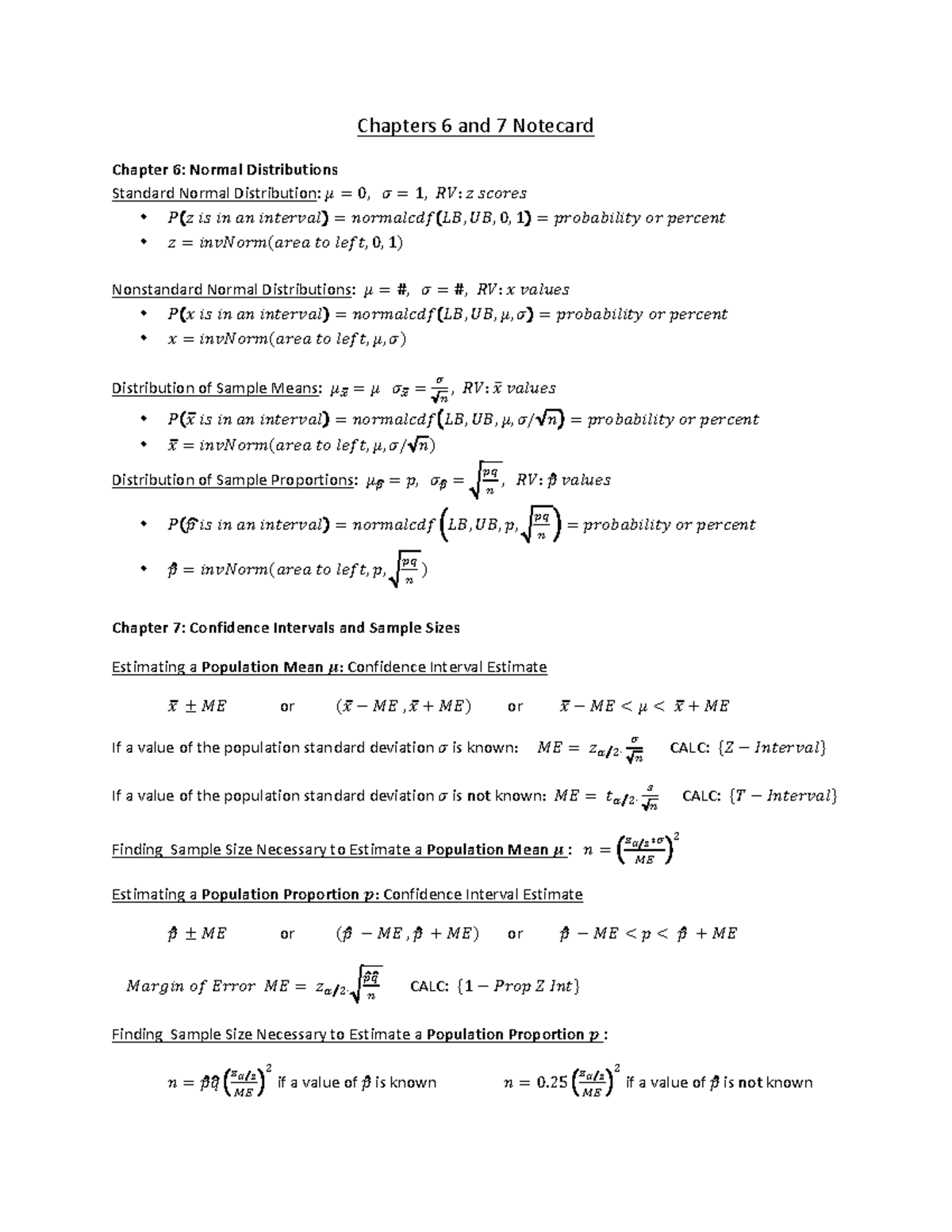 Chapter 6 and 7 Notecard - Chapters 6 and 7 Notecard Chapter 6: Normal ...