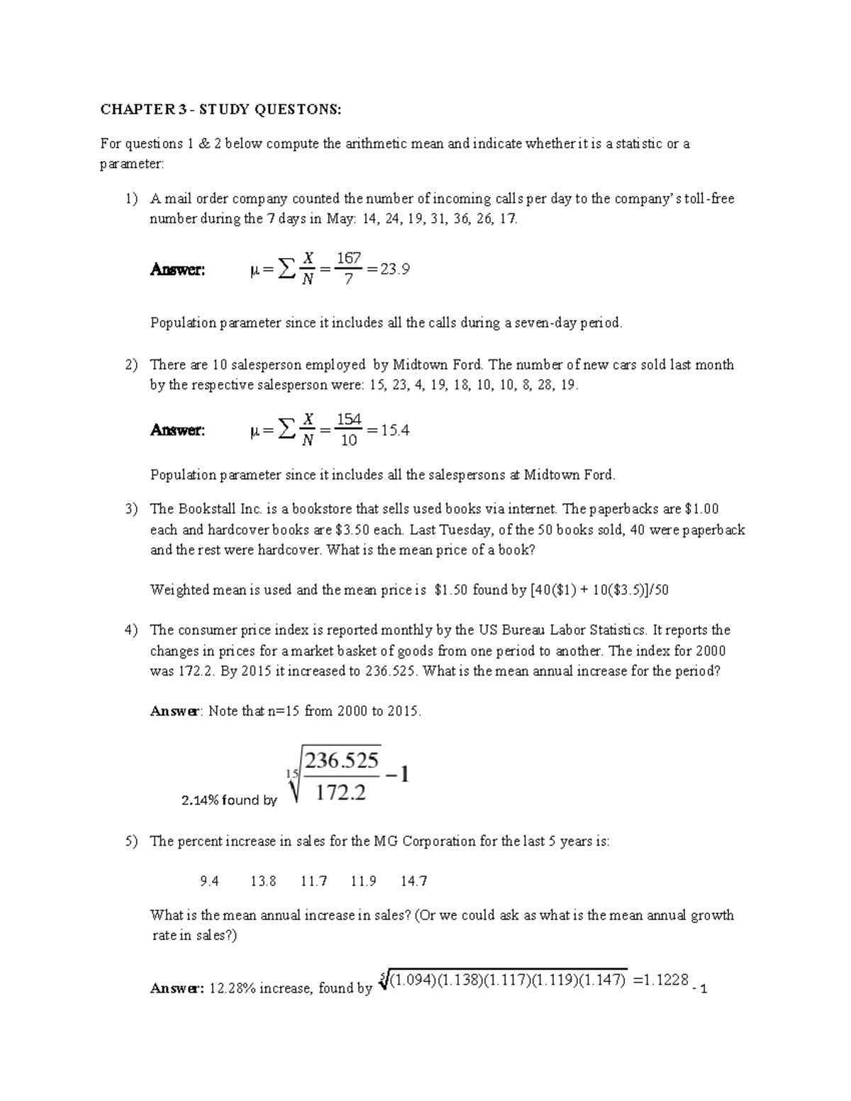 Ch3 Problems with Answers - CHAPTER 3 - STUDY QUESTONS: For questions 1 ...
