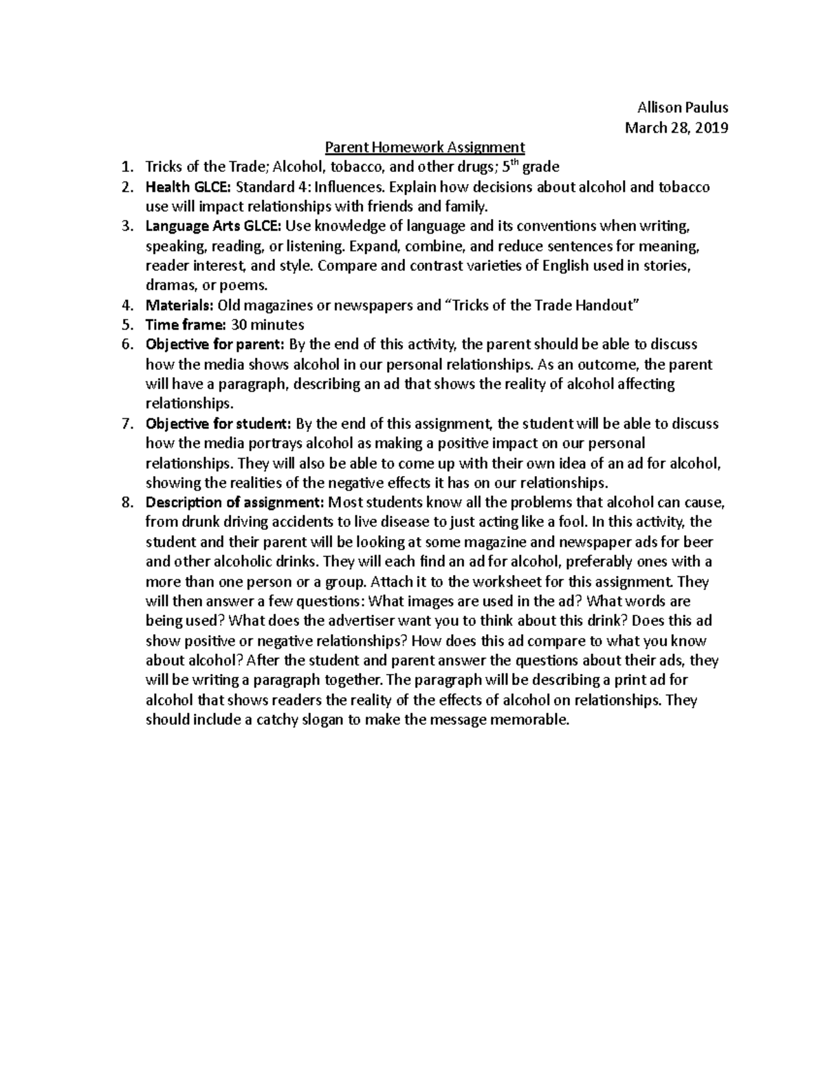 HLED- Parent Assignment - Allison Paulus March 28, 2019 Parent Homework ...