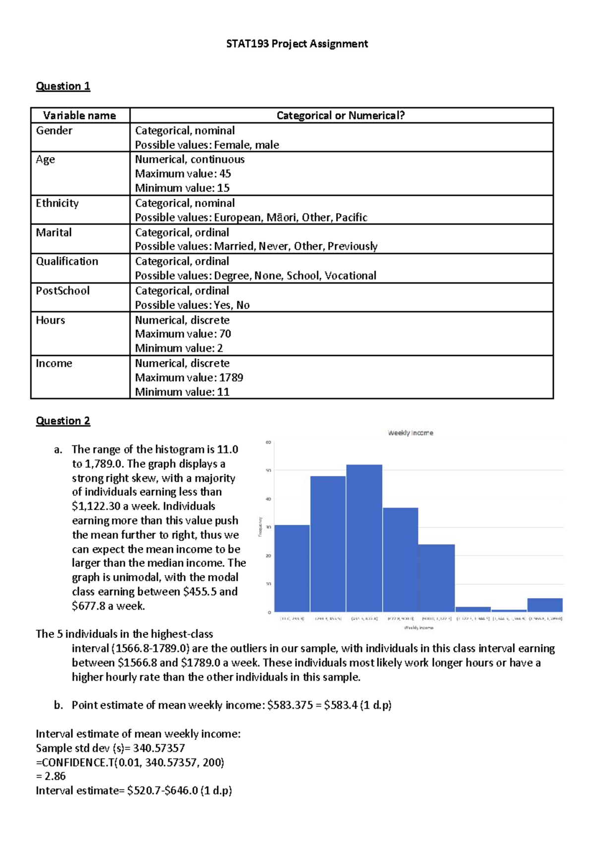 STAT193 Project Assignment - STAT193 Project Assignment Question 1 Variable name Categorical or ...