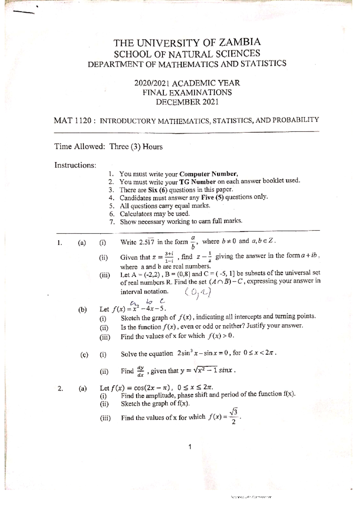 MAT 1120 2021 Exam - Nice book - Introduction to mathematics - Studocu