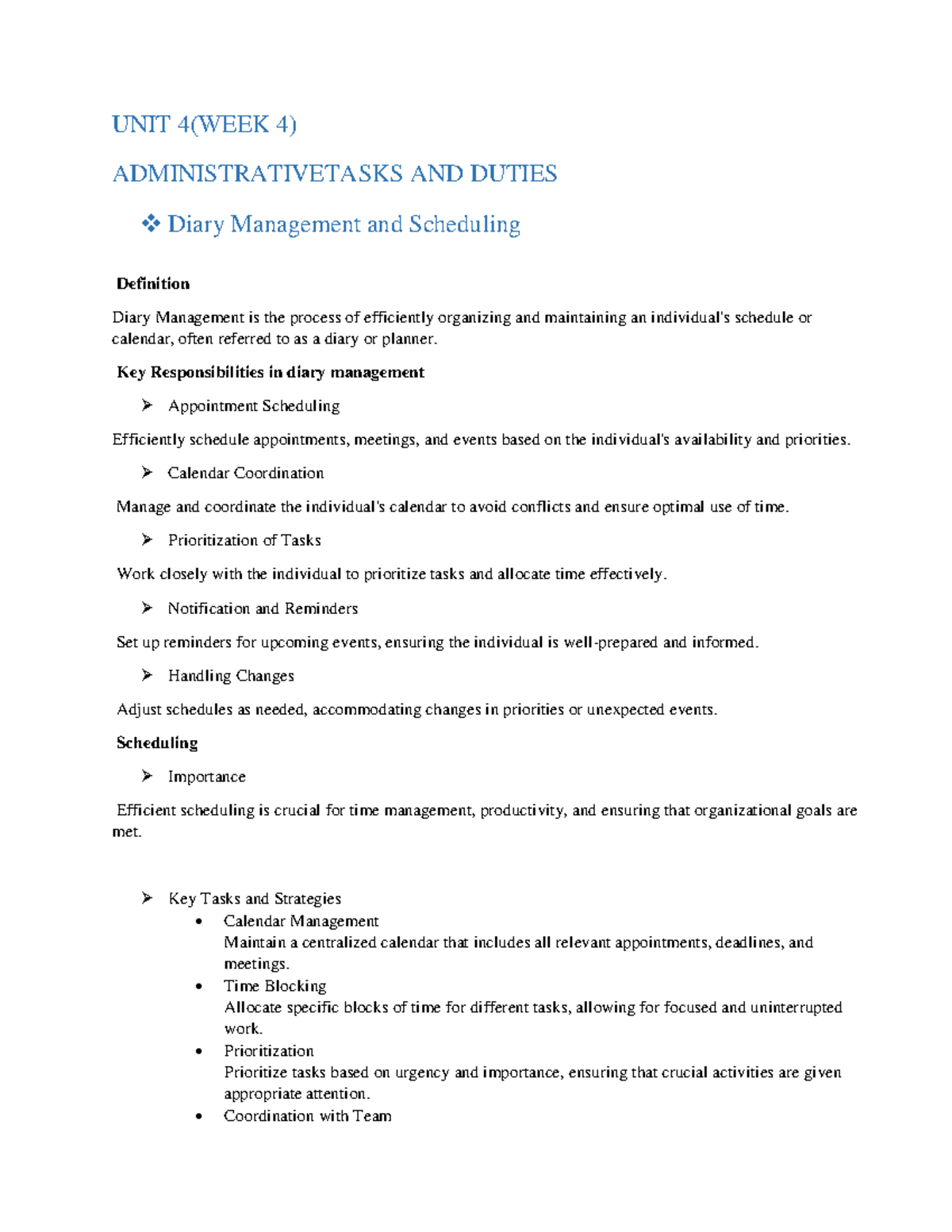 Secretarial Practice - Office Duties - UNIT 4 TO UNIT 7 - UNIT 4(WEEK 4 ...