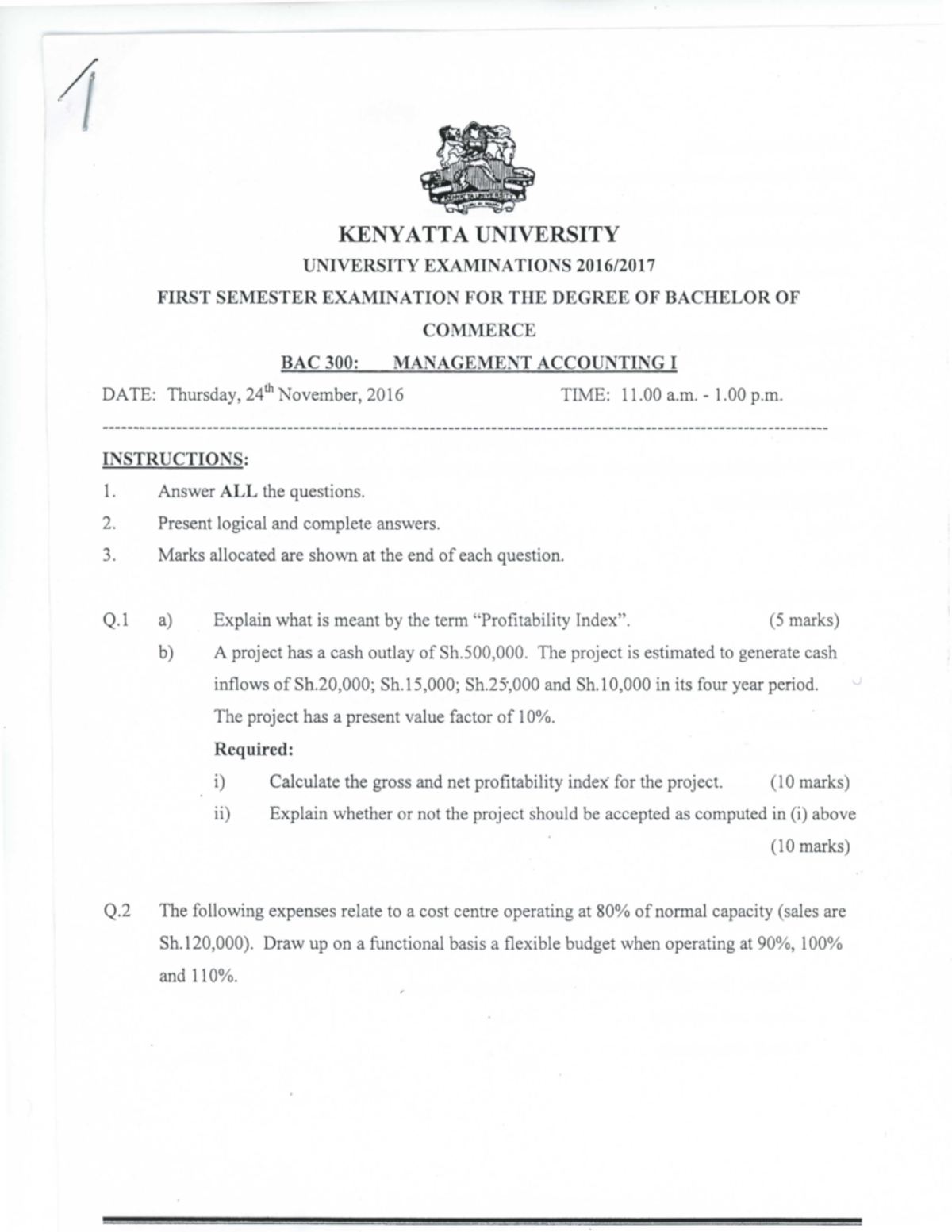 BAC300 2016 - Past paper - KENYATTA UNIVERSITY UNIVERSITY EXAMINATIONS ...