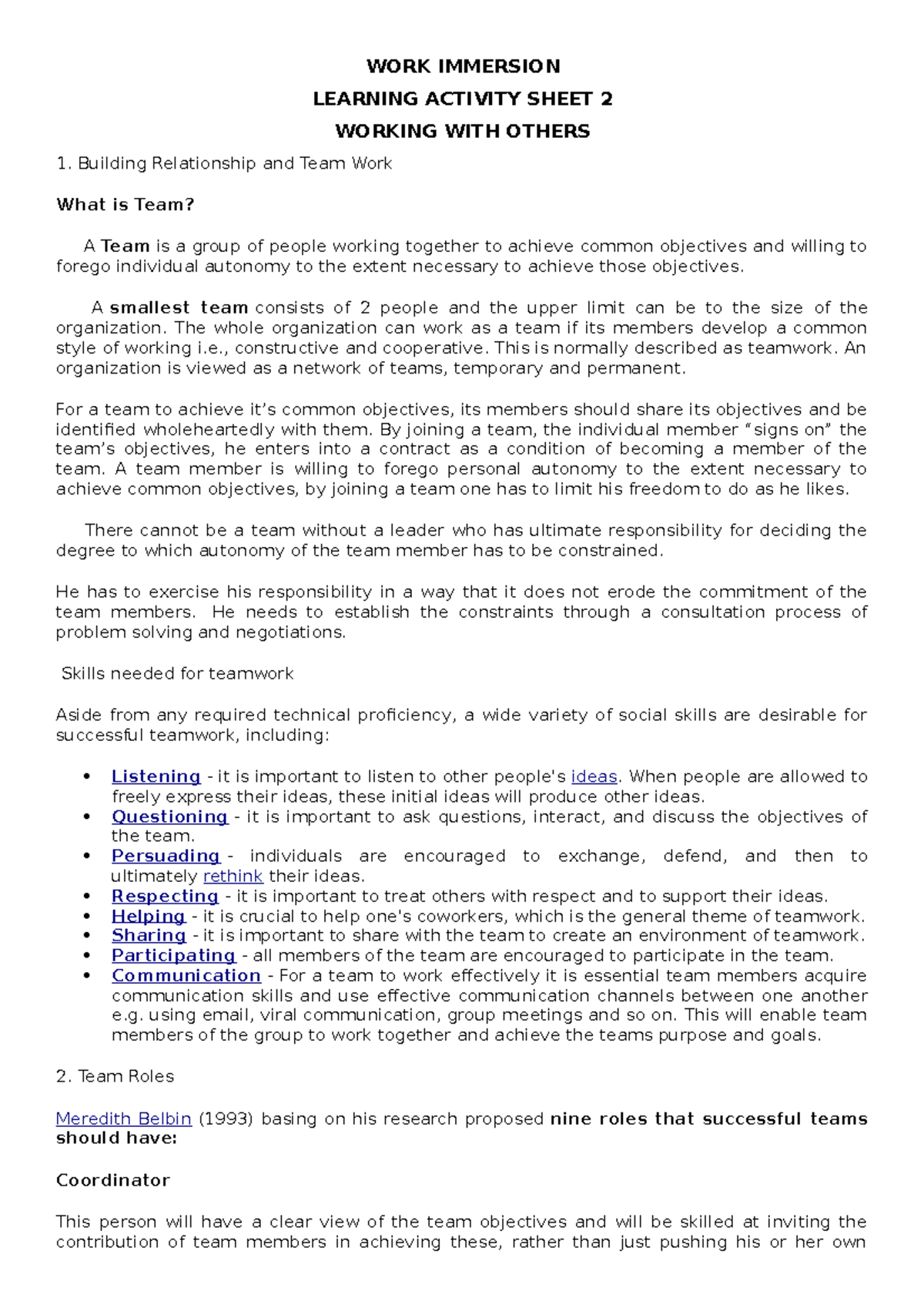 LAS2-WORK- Immersion module second year - WORK IMMERSION LEARNING ACTIVITY SHEET 2 WORKING WITH ...