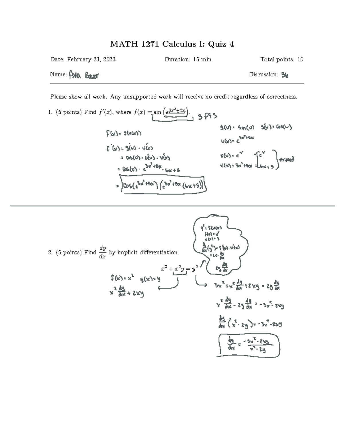 1271 quiz number 4 - MATH 1271 Calculus I: Quiz 4 Date: February 23 ...