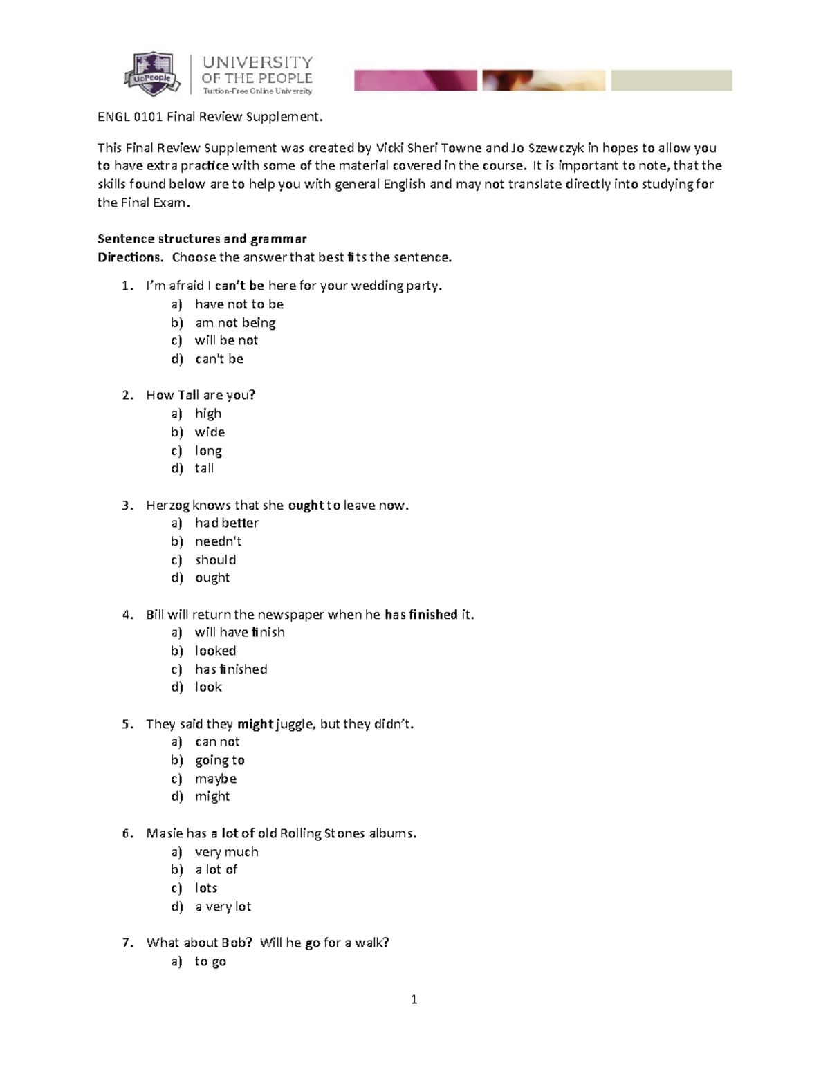 Final Exam Review - English - ENGL 0101 Final Review Supplement. This ...