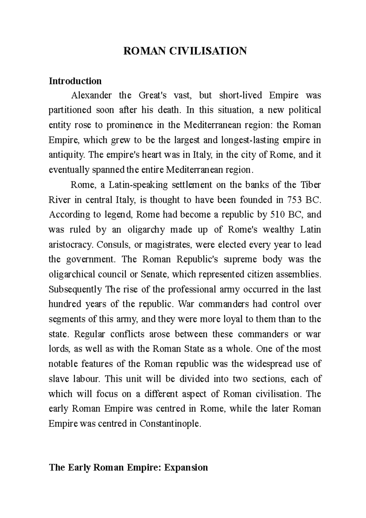 Roman Civilisation - Lecture notes 5 - ROMAN CIVILISATION Introduction ...