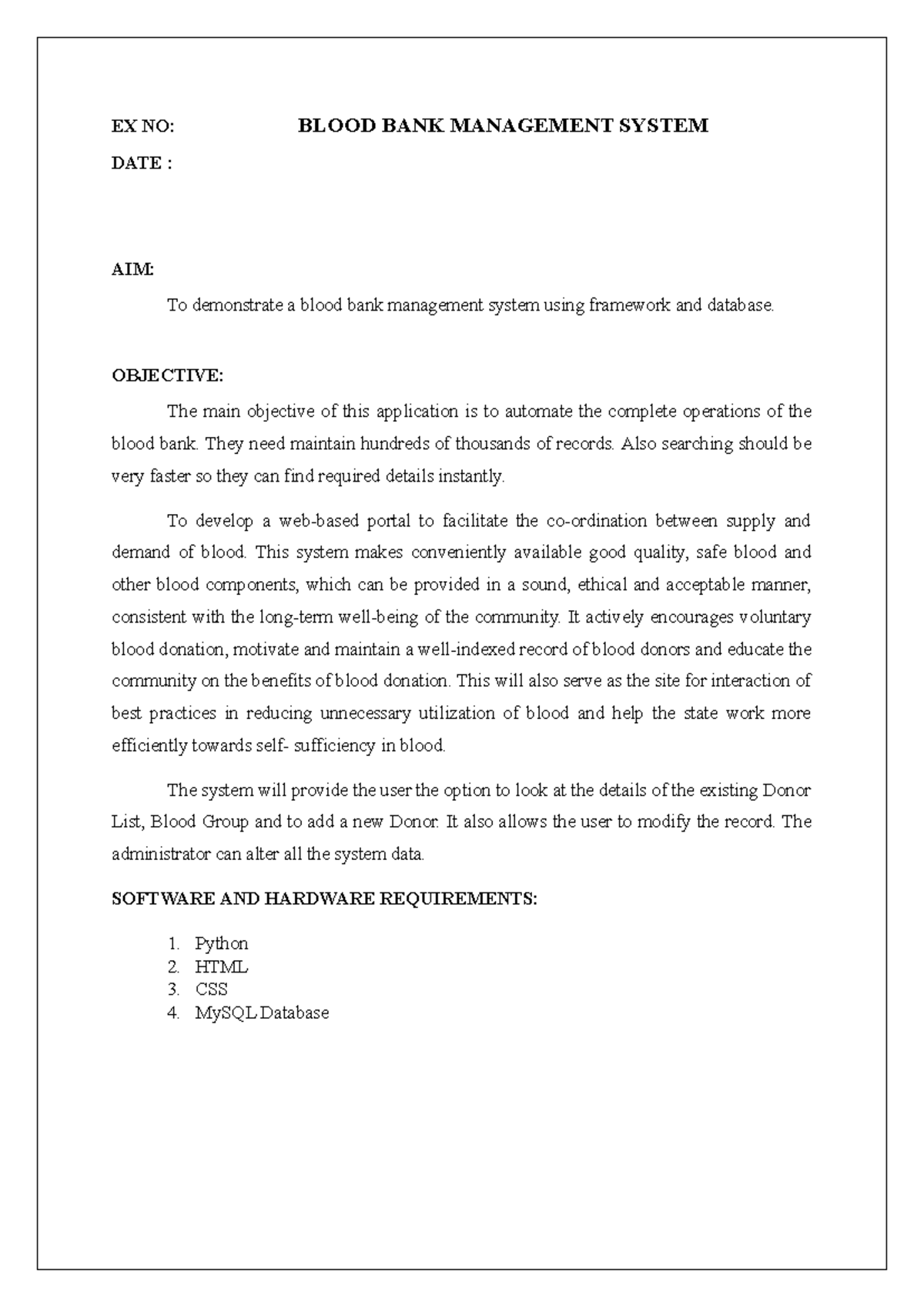 Blood BANK Management System 2 - EX NO: BLOOD BANK MANAGEMENT SYSTEM ...