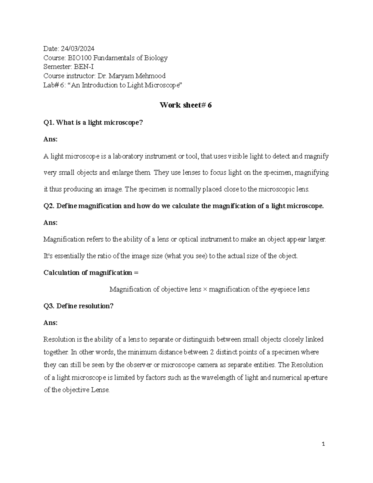 Worksheet Lab6 Date 2403 Course Bio100 Fundamentals Of Biology Semester Ben I Course 