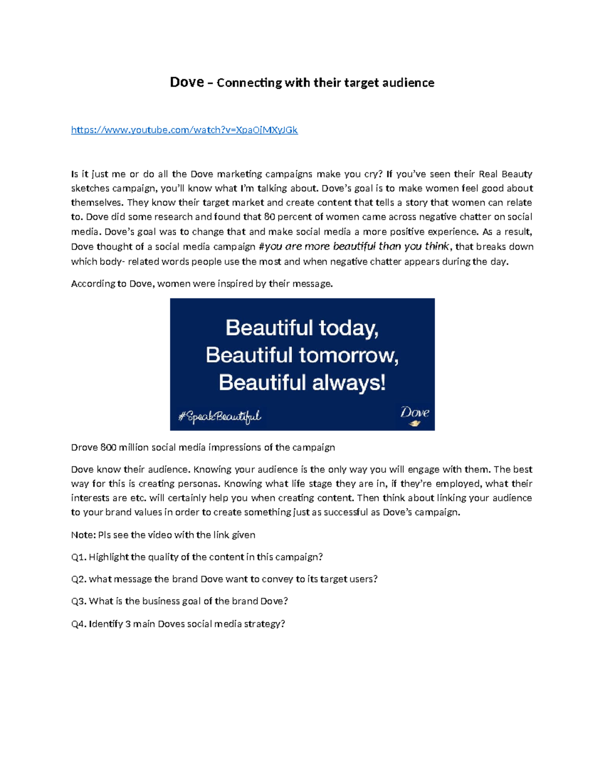 Case Study - Dove – Connecting with their target audience youtube/watch ...