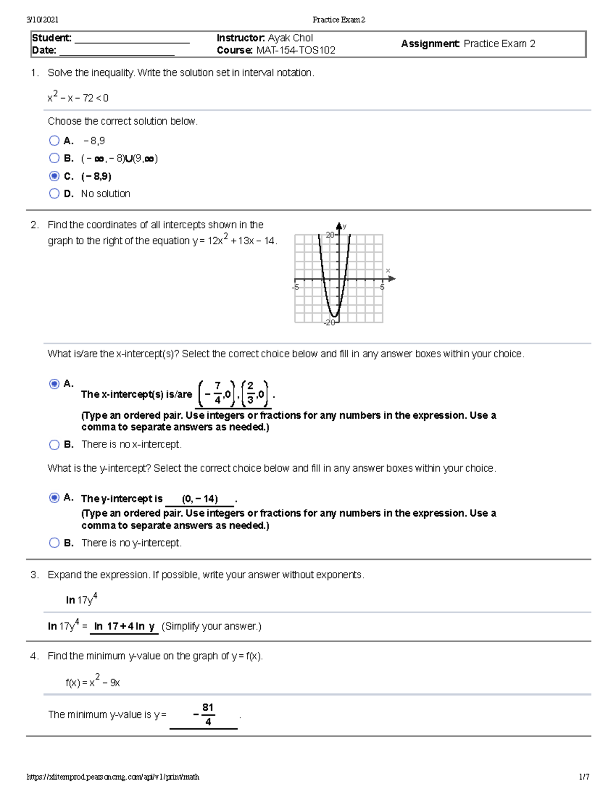 Application of college algebra Practice Exam 2 - 1. 2. 3. 4. Student