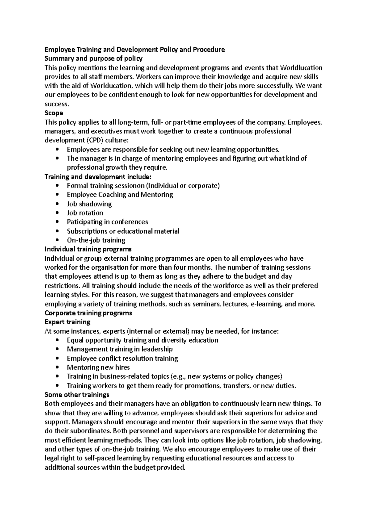 Employee Training and Development Policy and Procedure - Workers can ...