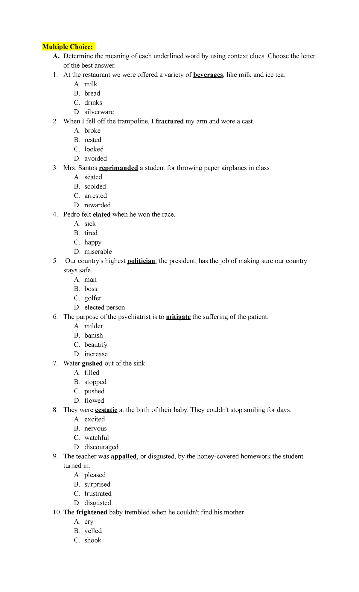 Questionnaire - sample - Multiple Choice: A. Determine the meaning of ...