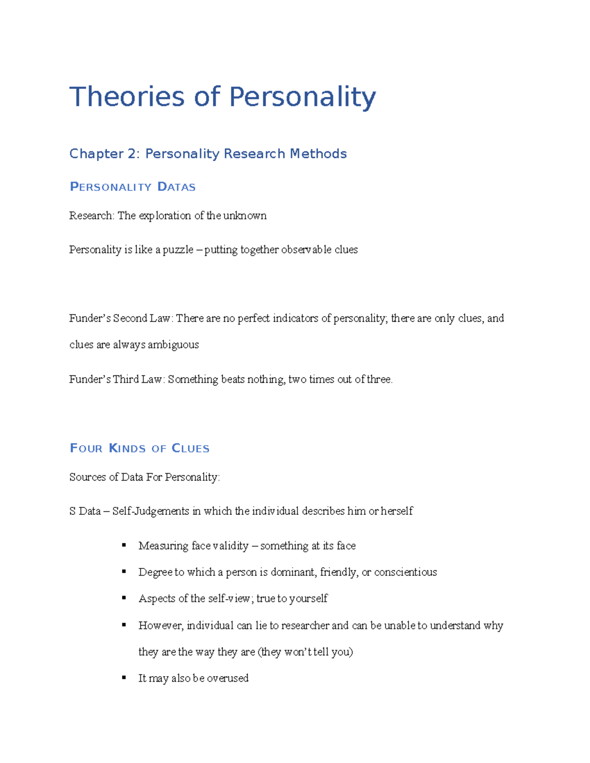Chapter Notes - Theories of Personality Chapter 2: Personality Research ...