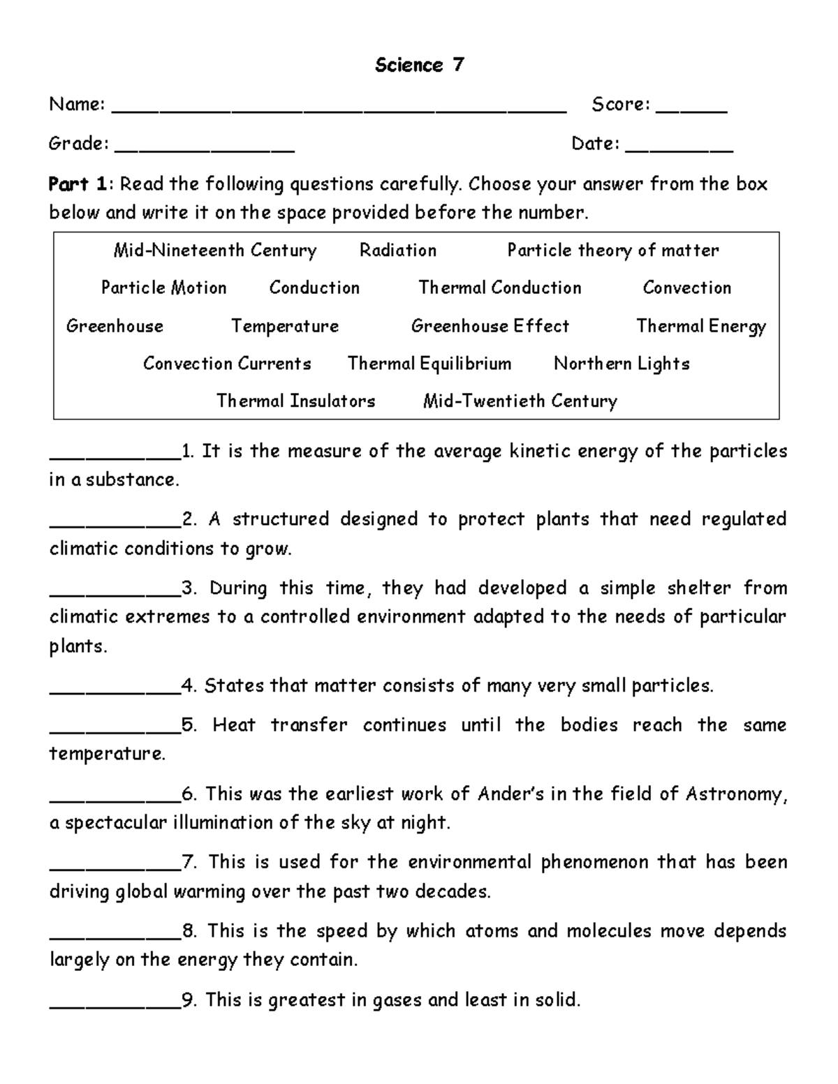 Science 7 - the heat is on - Science 7 Name ...