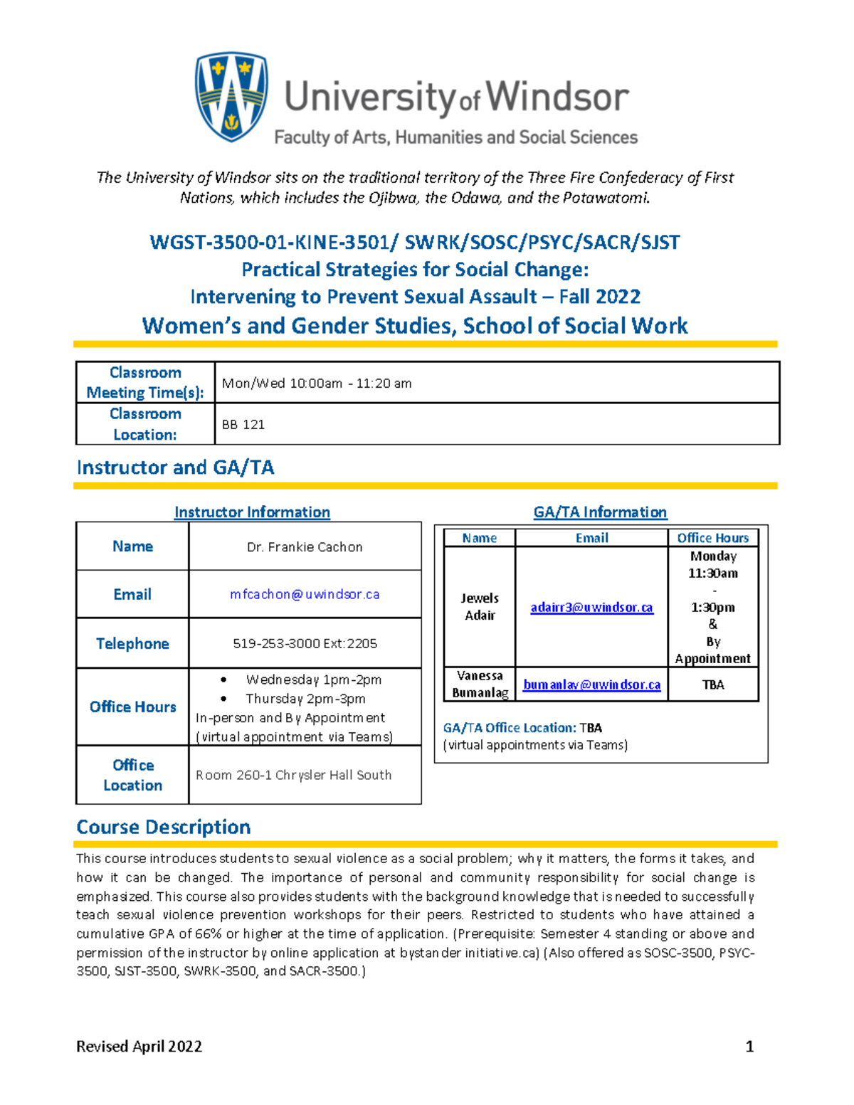 Fahss-3500 Course Outline (Fall 2022) - The University of Windsor sits ...