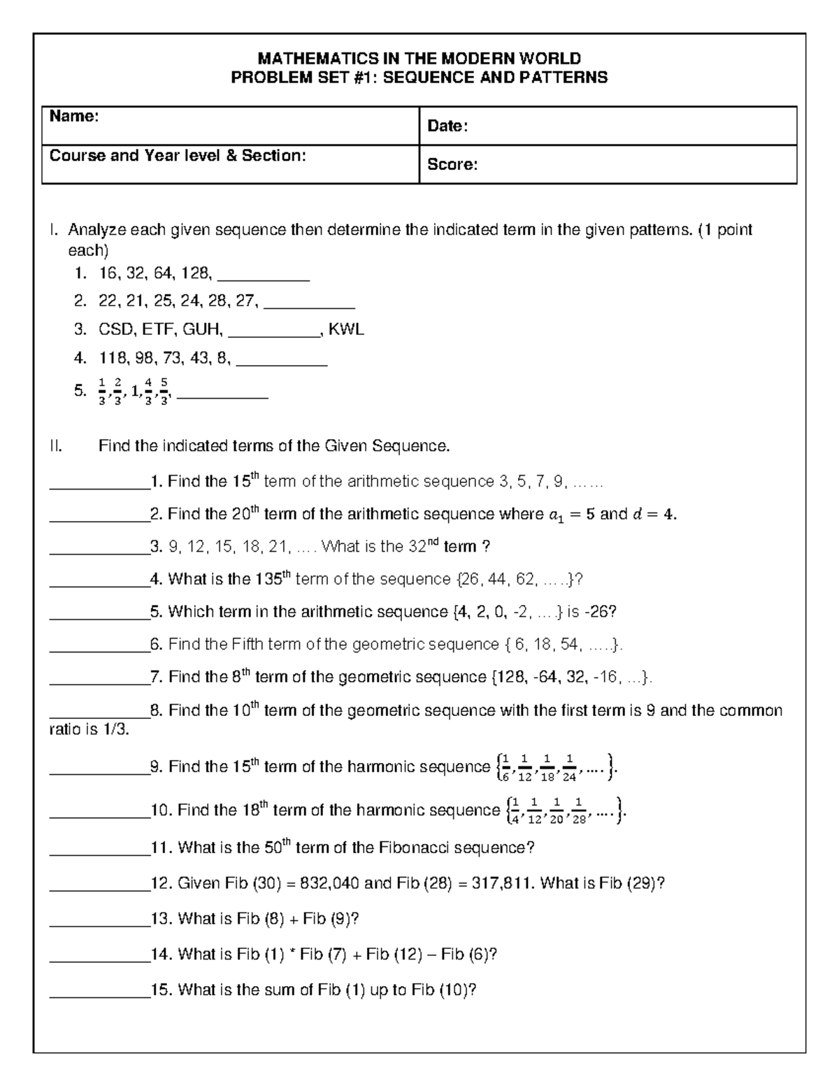Mathematics IN THE Modern World WORK Sheets - MATHEMATICS IN THE MODERN ...