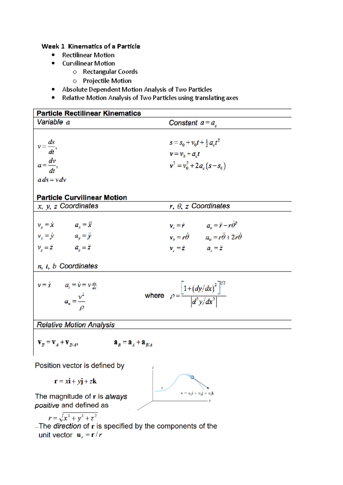 Lecture 1 Kinematics of a Particle - Week 1 Kinematics of a Particle Rectilinear Motion - Studocu