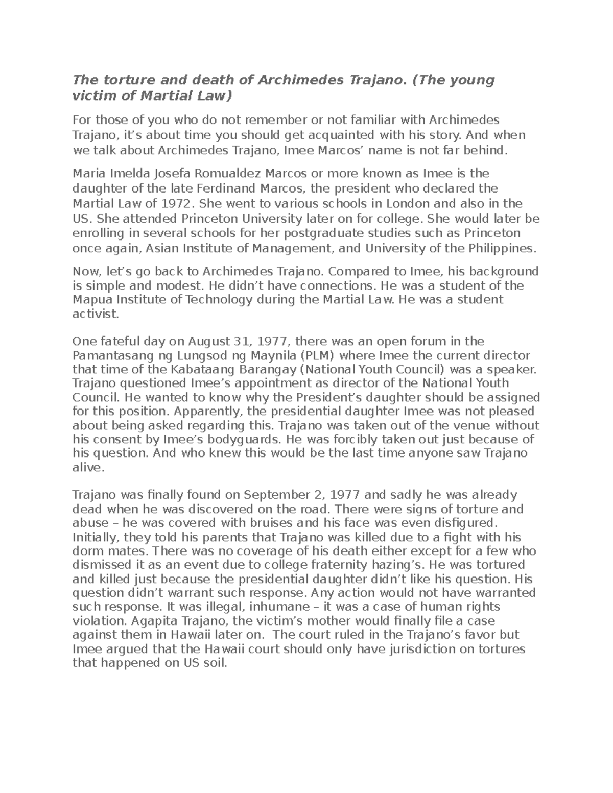 Archimedes-Trajano Martial Law Case and Reports - The torture and death of Archimedes Trajano ...