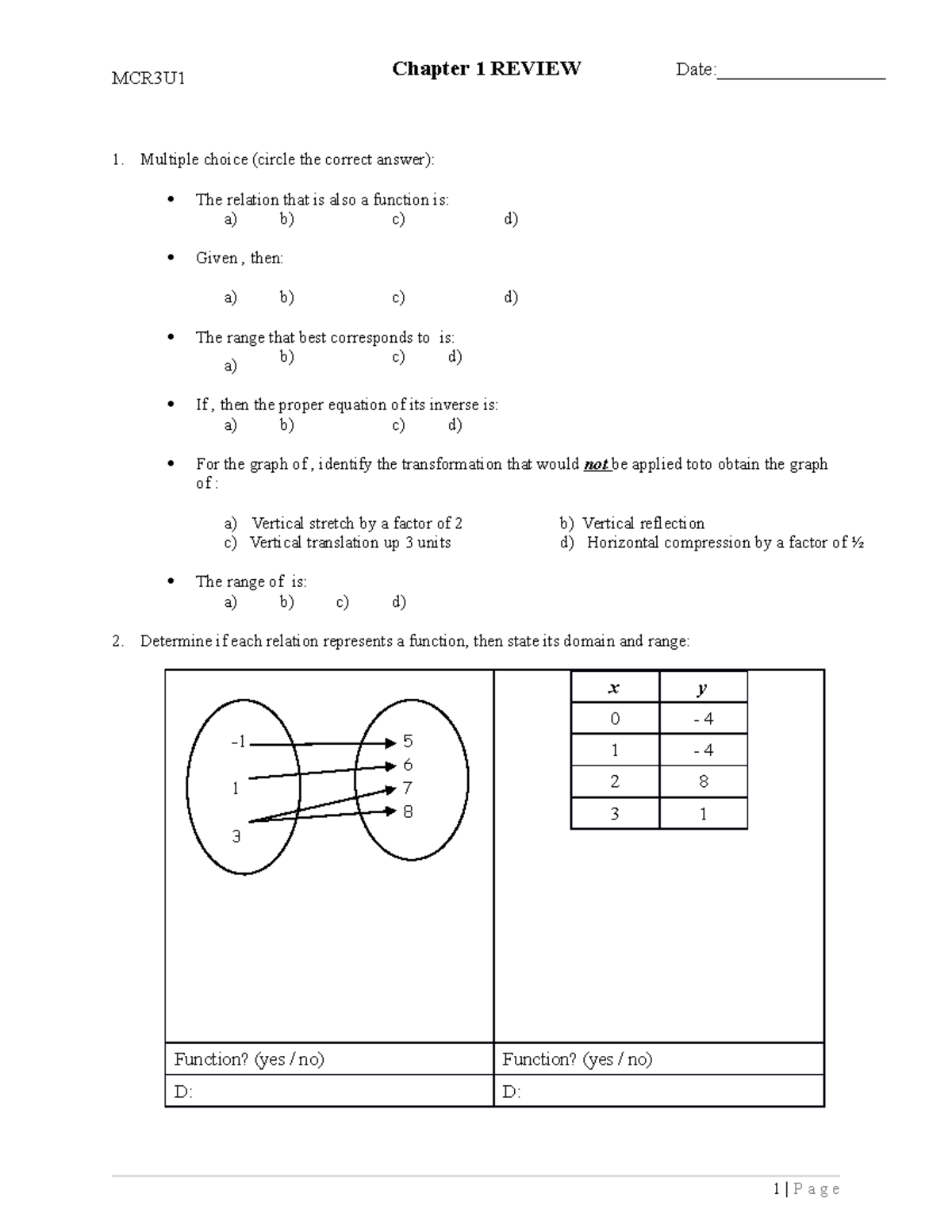 Unit 1 review - MCR3U 1. Multiple choice (circle the correct answer ...