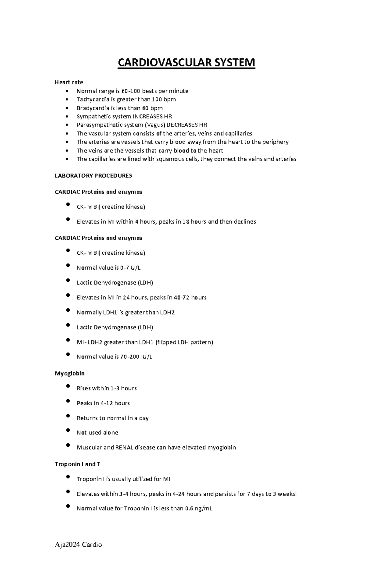 Cardio-Notes-Aja - CARDIOVASCULAR SYSTEM Heart rate - Normal range is ...